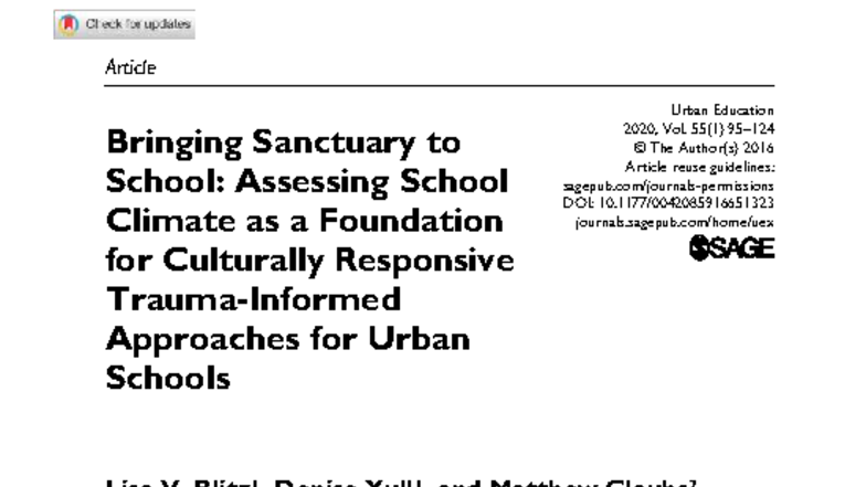 651323 Urban Education Article: Bringing Sanctuary to School - A Trauma ...