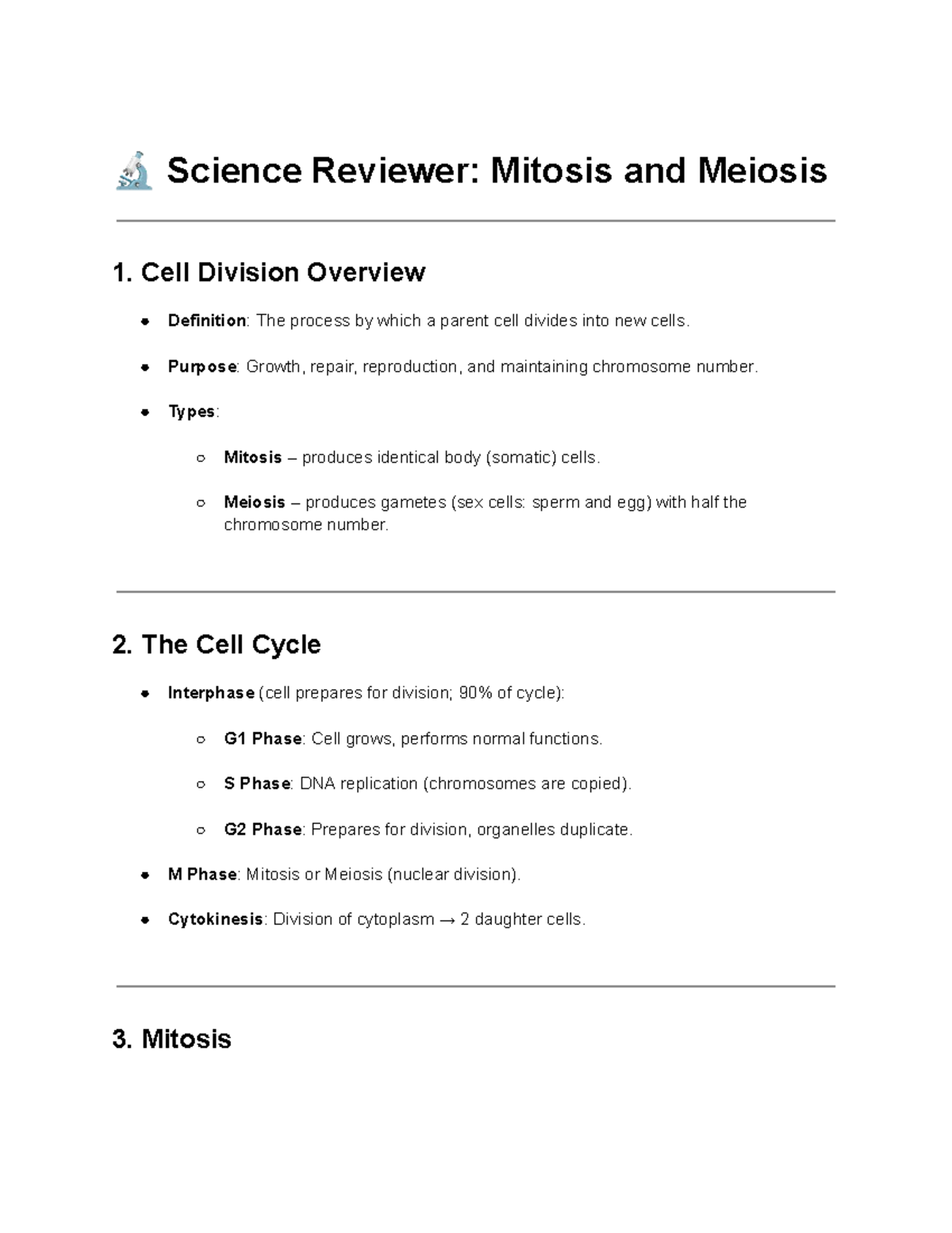 CELL DIVISION Review: Mitosis & Meiosis Overview (SCI 101) - Studocu