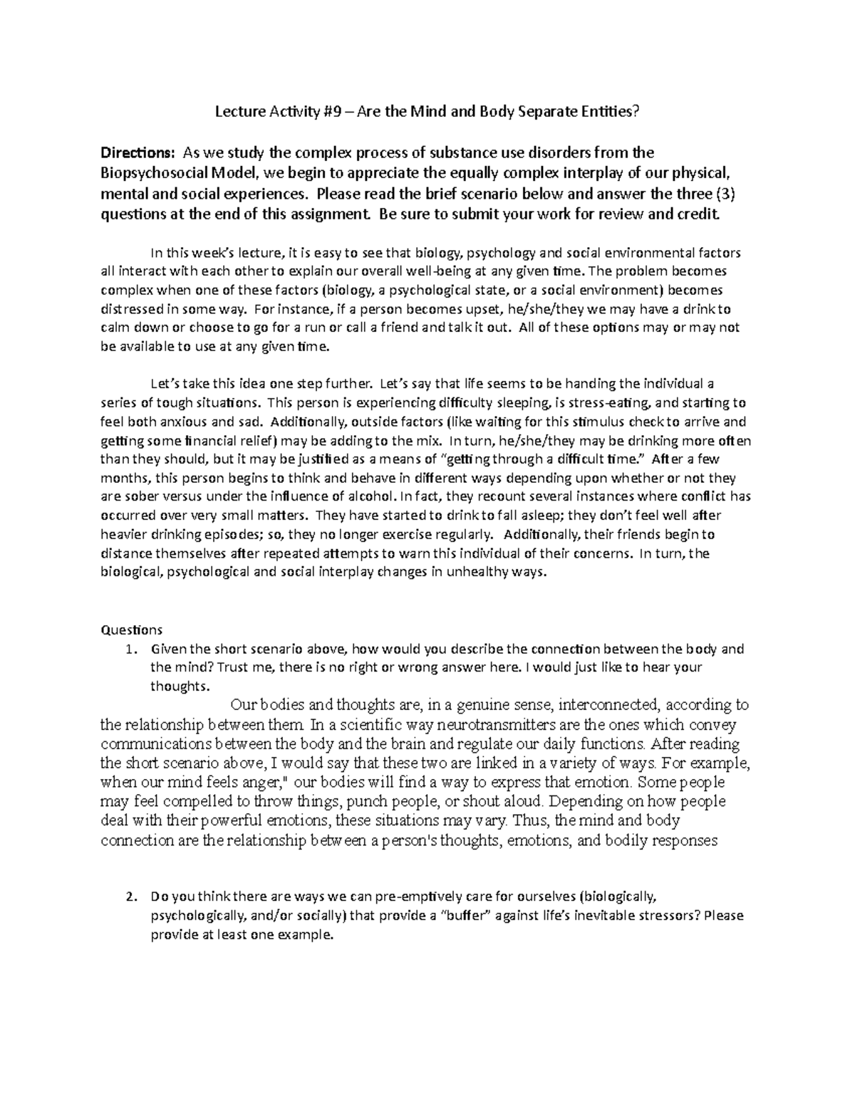 Lecture Activity #9 – The Interconnection of Mind and Body - Studocu