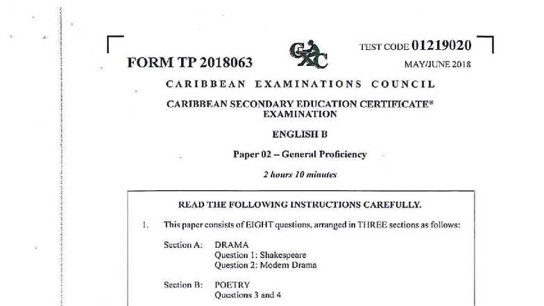 CSEC English B Paper 02 June 2018 Exam Guide - Studocu