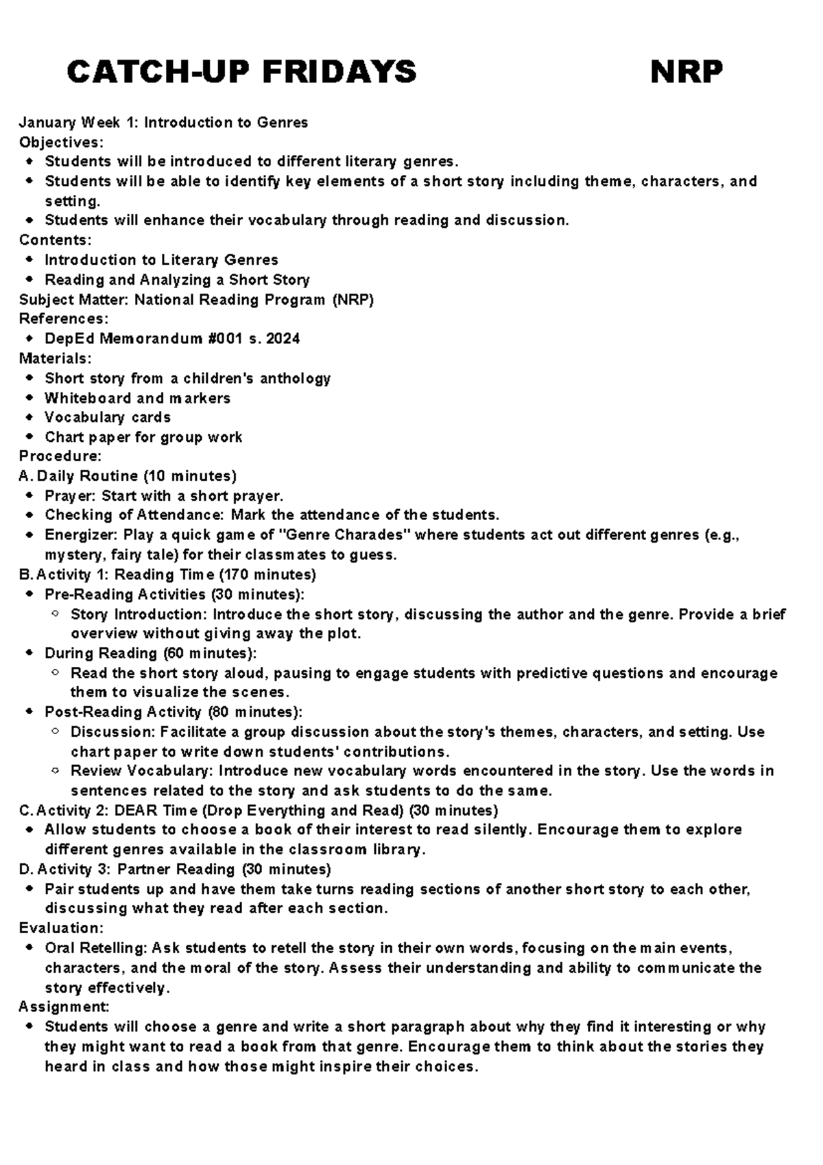 G5 Cuflp@NRP - CATCH UP FRIDAY - January Week 1: Introduction to Genres Objectives: Students ...