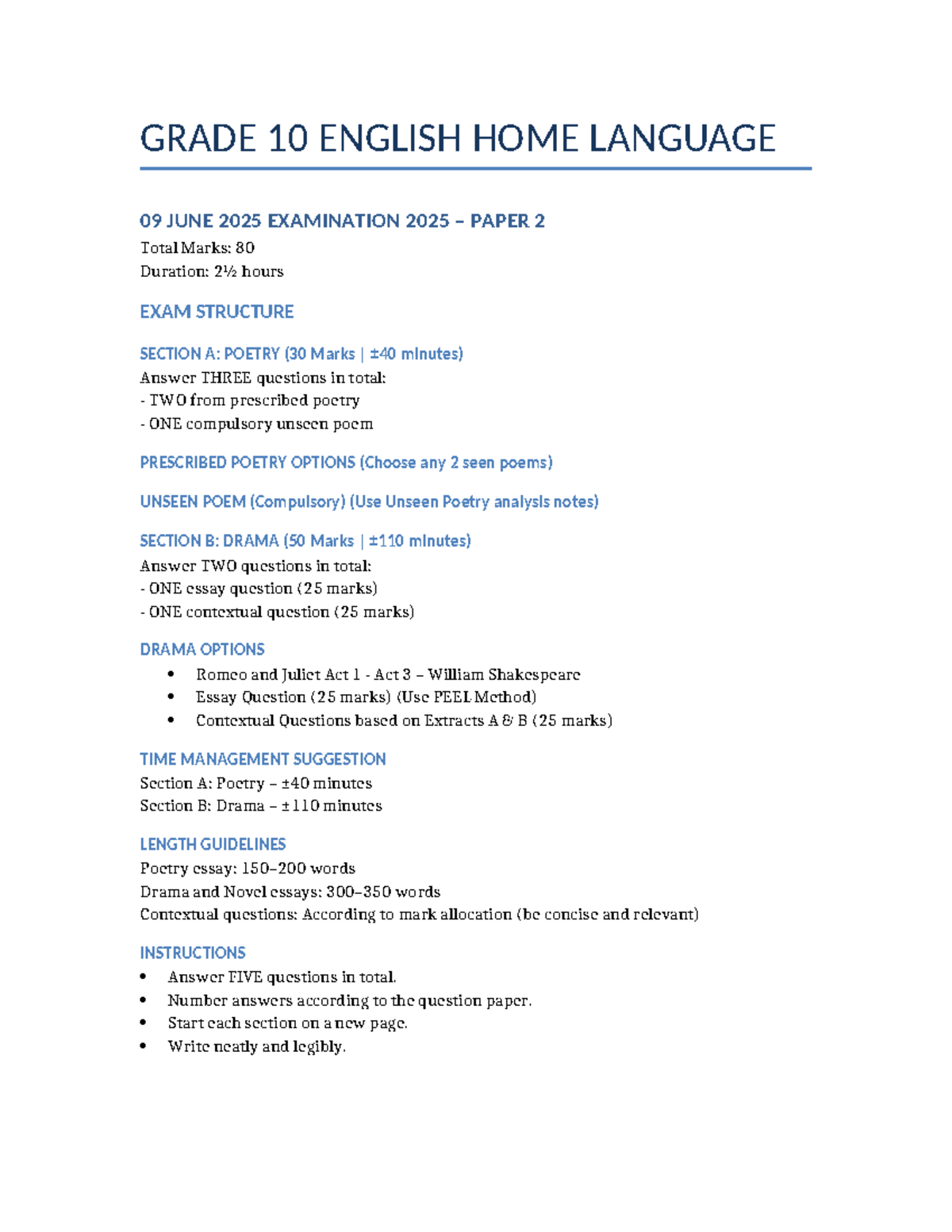 Grade 10 English HL Exam Paper 2 Scope - 09 June 2025 - Studocu
