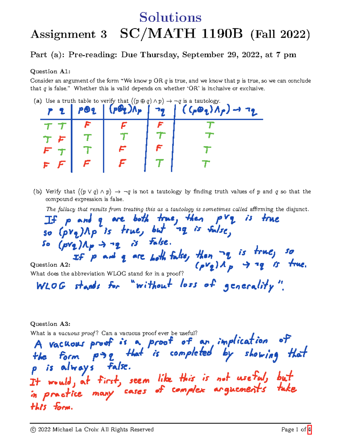 Assignment 3 - Solutions - Solutions Assignment 3 SC/MATH 1190B (Fall 2022) Part (a): Pre ...