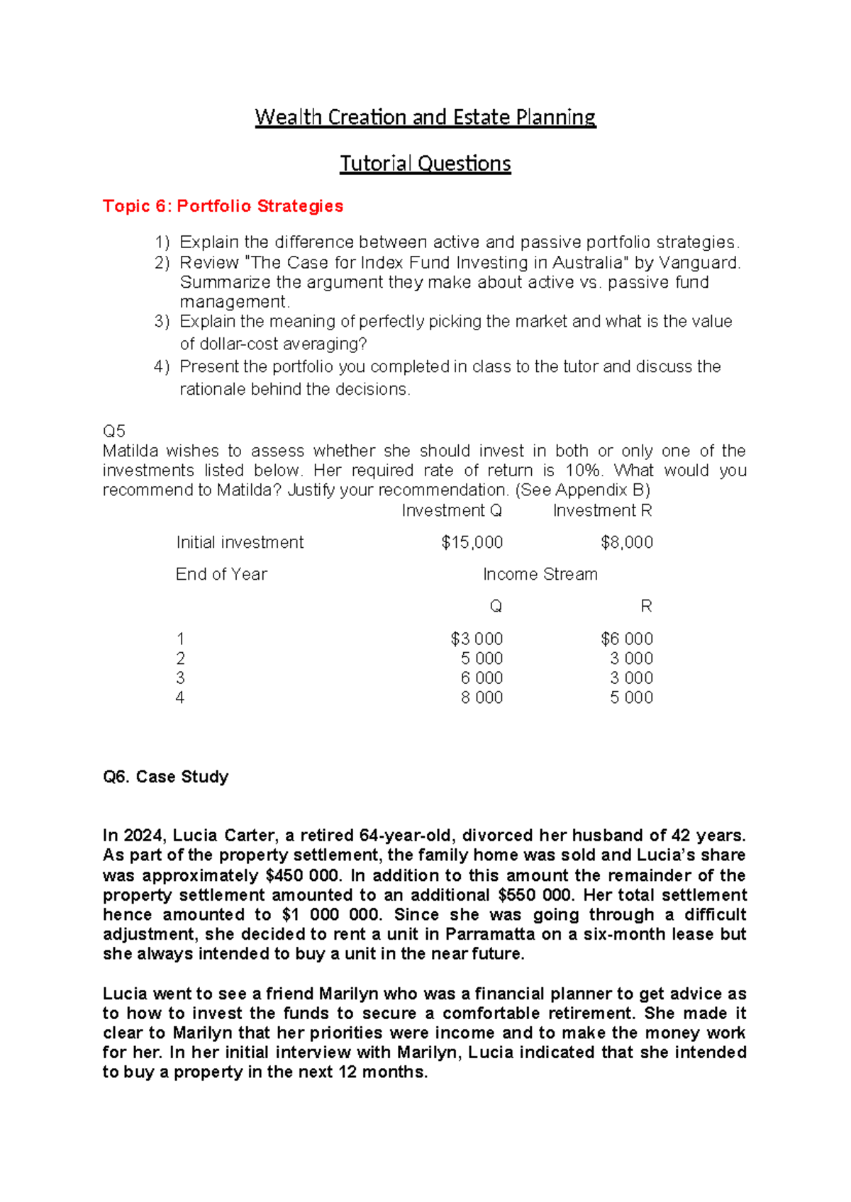 Tutorial 6: Wealth Creation & Estate Planning Qs on Portfolio ...