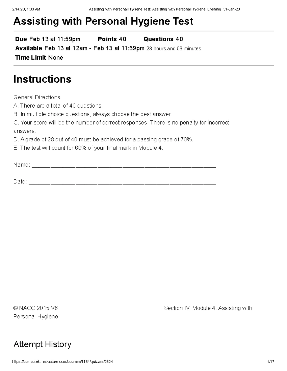 Assisting with Personal Hygiene Test - Evening Class (Module 4) - Studocu