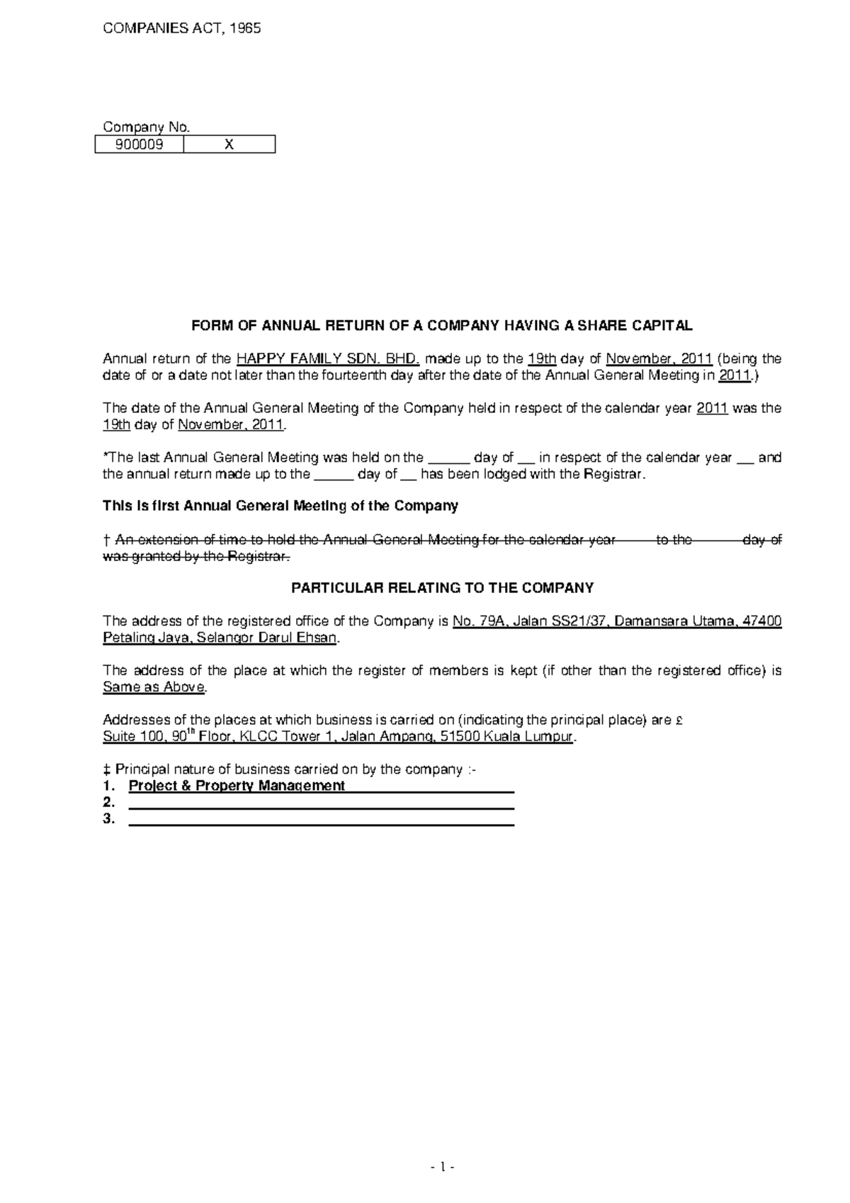 Annual Return Sample for HAPPY FAMILY SDN. BHD. - Company No. 900009 X ...