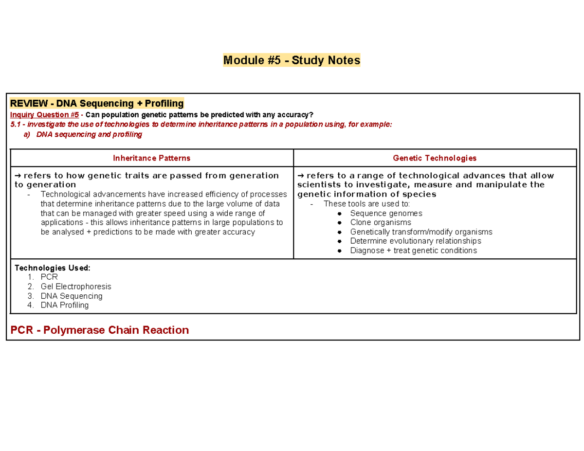 Bio Study Notes - Module 5 - Module #5 - Study Notes REVIEW - DNA ...
