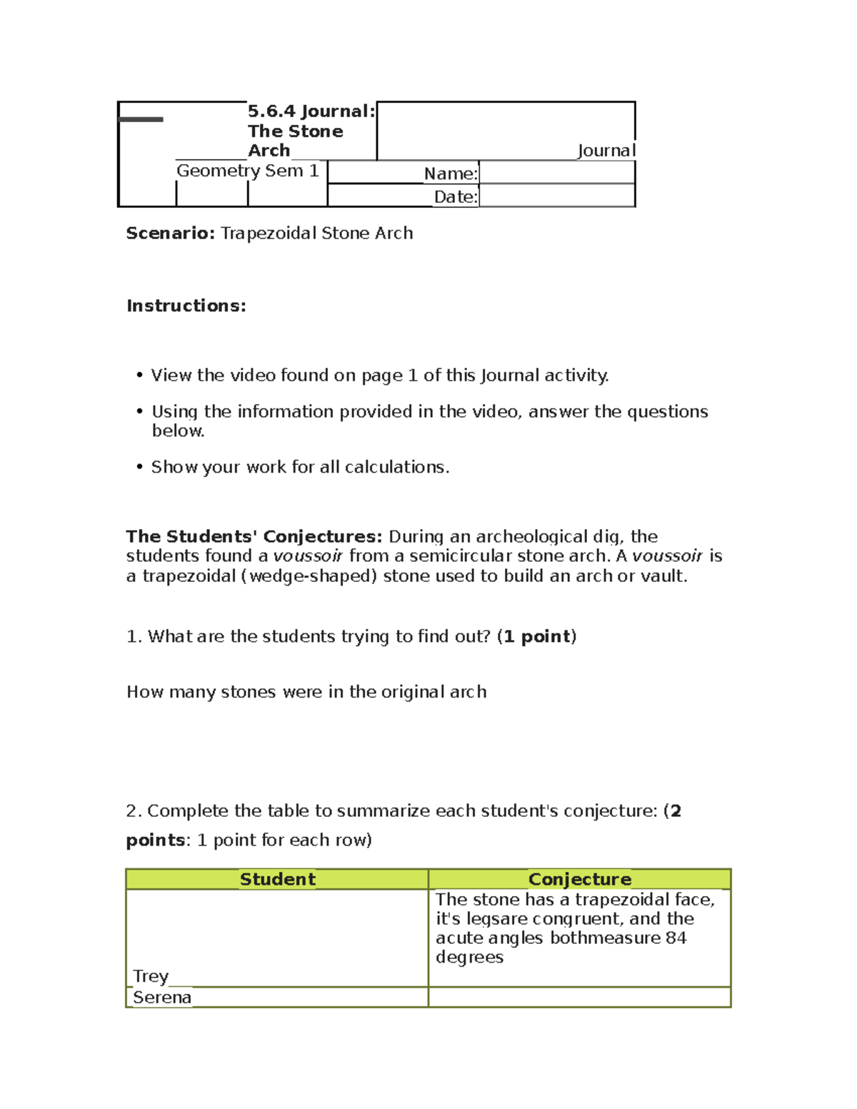 5.6.4 Journal: Analysis of the Trapezoidal Stone Arch Conjecture - Studocu