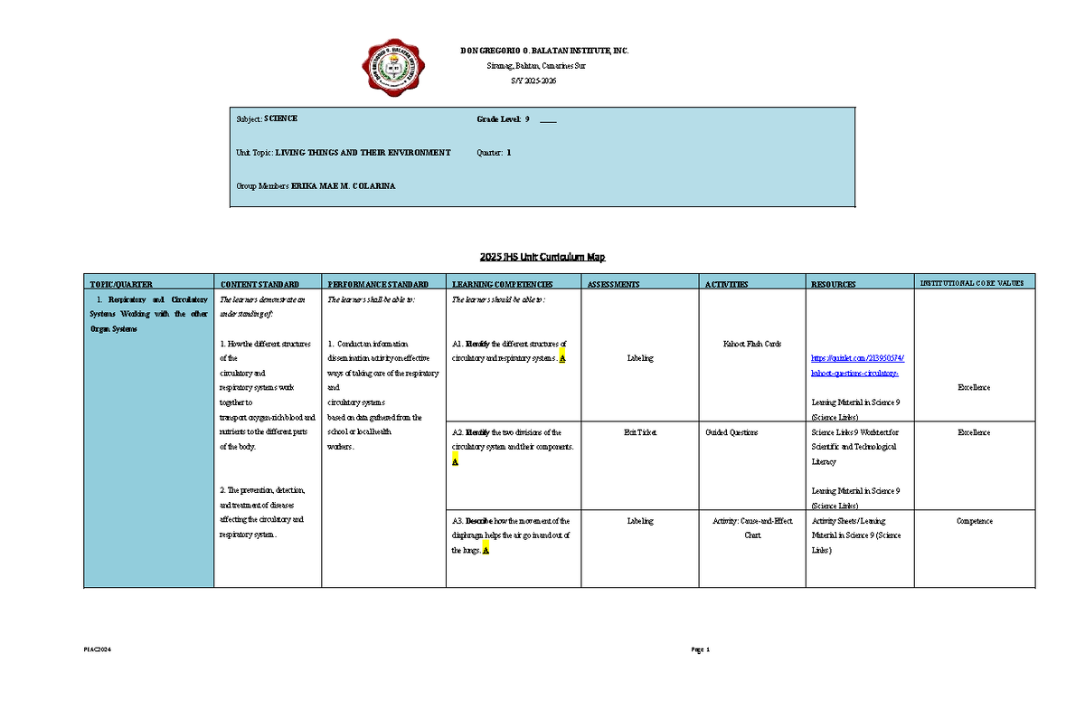 CMAP Grade 9: Living Things & Their Environment Unit Plan PEAC2024 ...