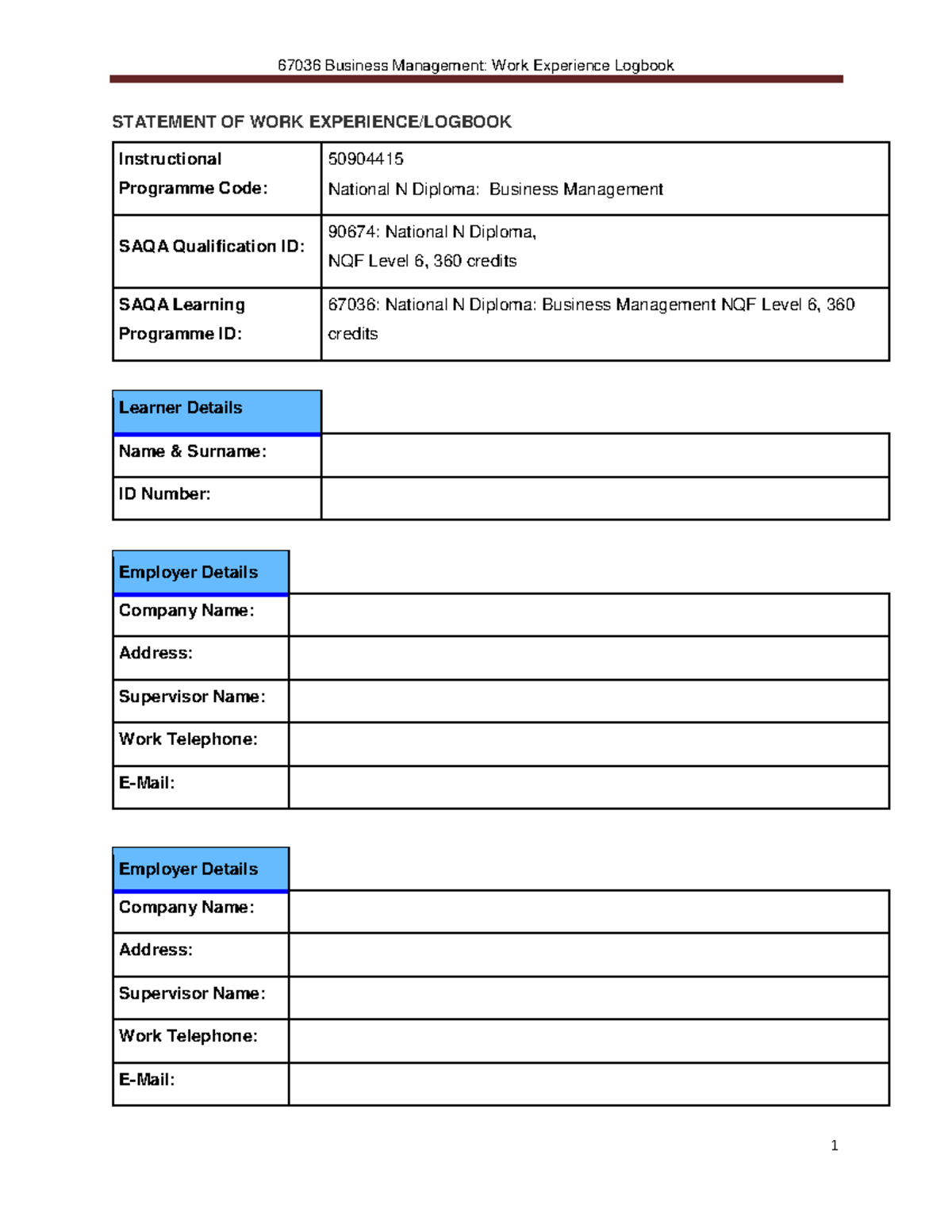 67036 National N Diploma: Business Management Work Experience Logbook ...