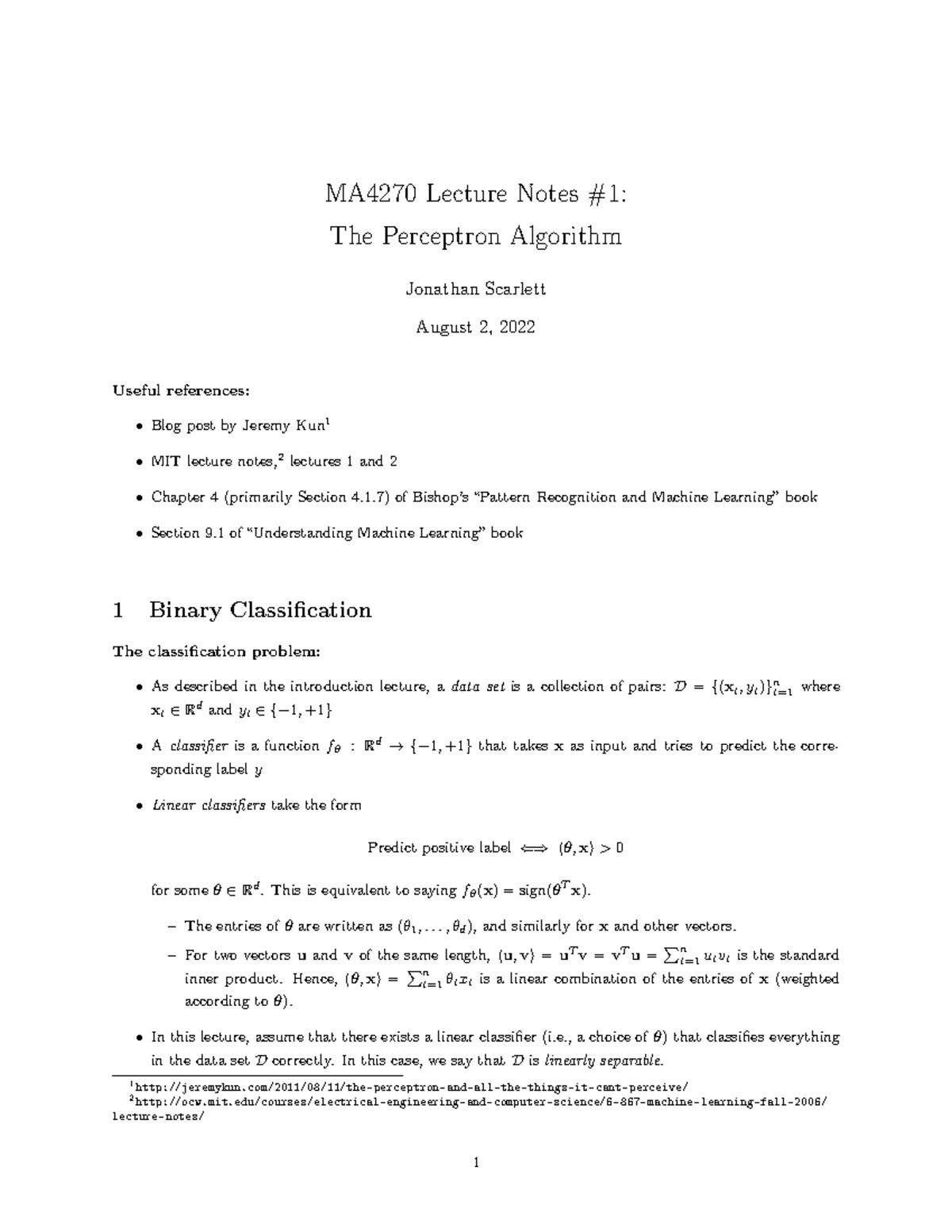 MA4270 Final Exam: Perceptron Algorithm Lecture Notes - Studocu