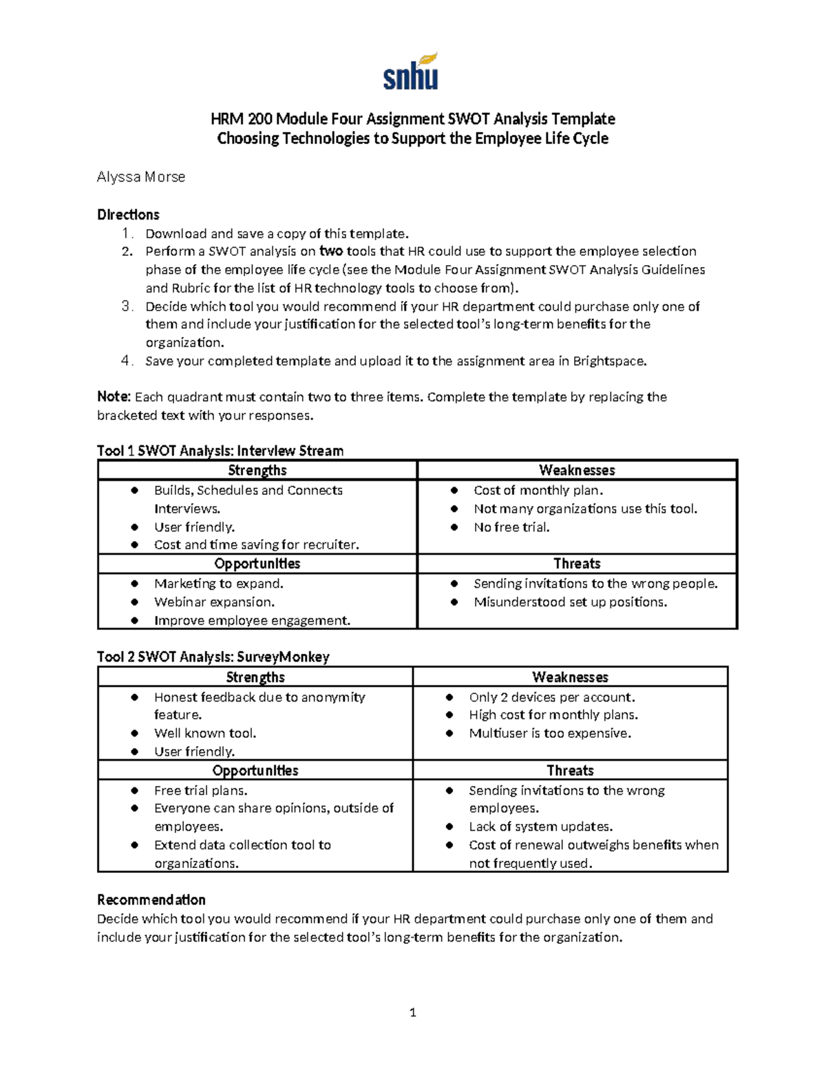HRM 200 Module Four SWOT Analysis on Interview Stream & SurveyMonkey ...