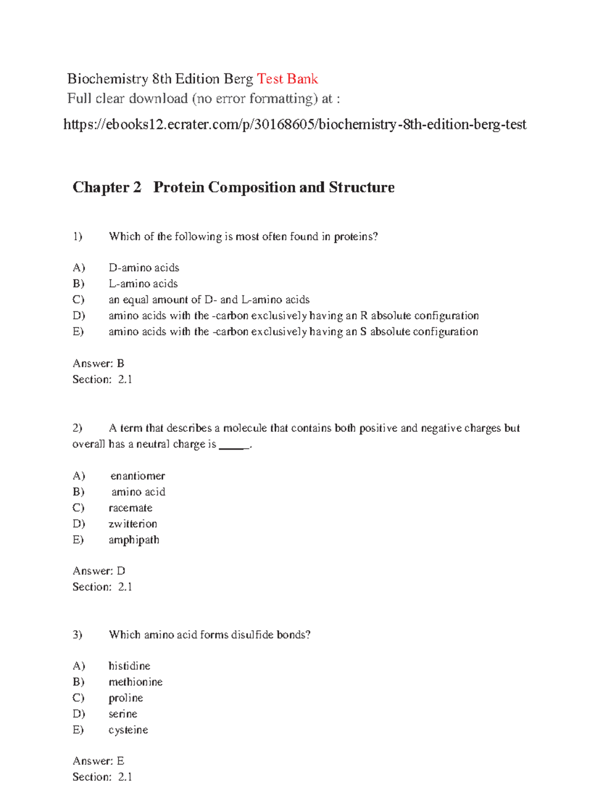 Biochemistry 8th Edition (Berg) Test Bank - Chapter 2 Insights - Studocu