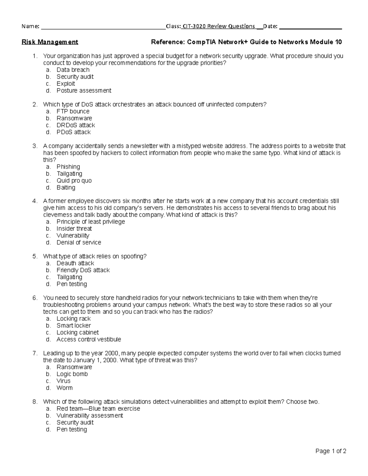 CIT-3020 Module 10 Risk Management Review Questions - Studocu