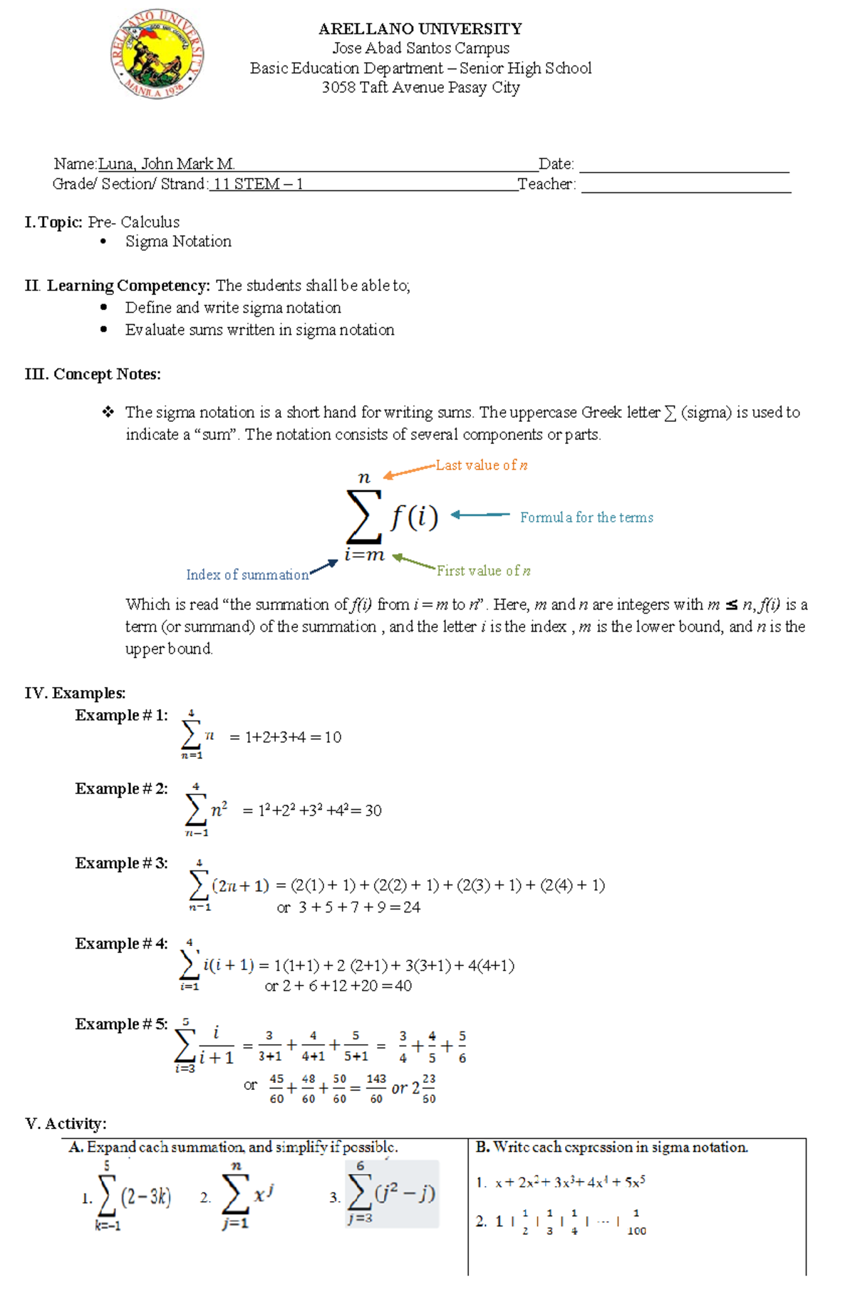 Pre-Calculus Sigma Notation Notes for DLP-Sigma-Notation - Studocu