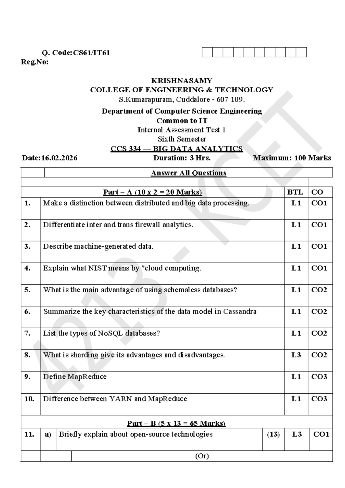 CCS 334 Big Data Analytics Internal Assessment Test 1 Notes - Studocu
