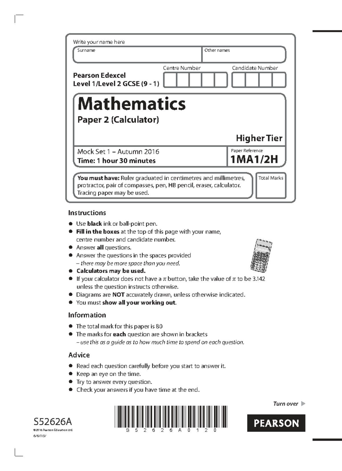 Edexcel Level 2 GCSE (9-1) Mathematics Paper 2 Higher Tier Mock Set 1 ...