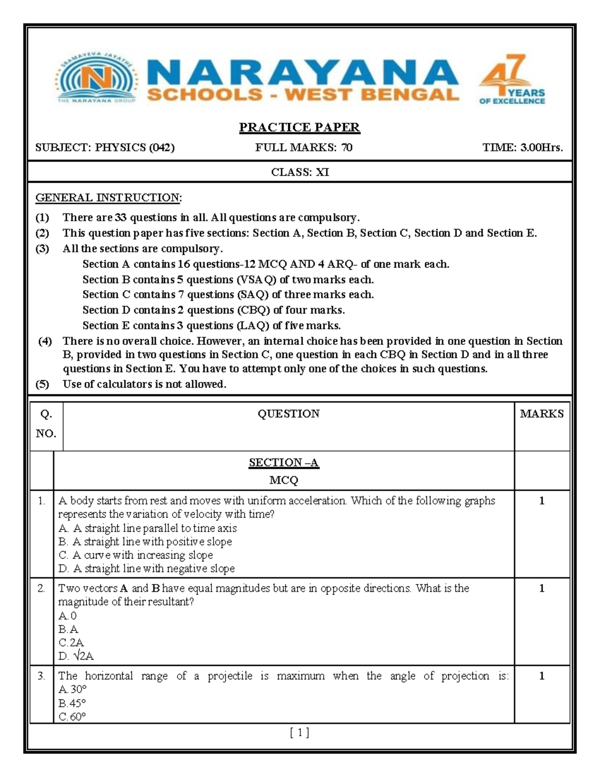 Physics (042) Class XI Practice Paper - Set 1 - Studocu