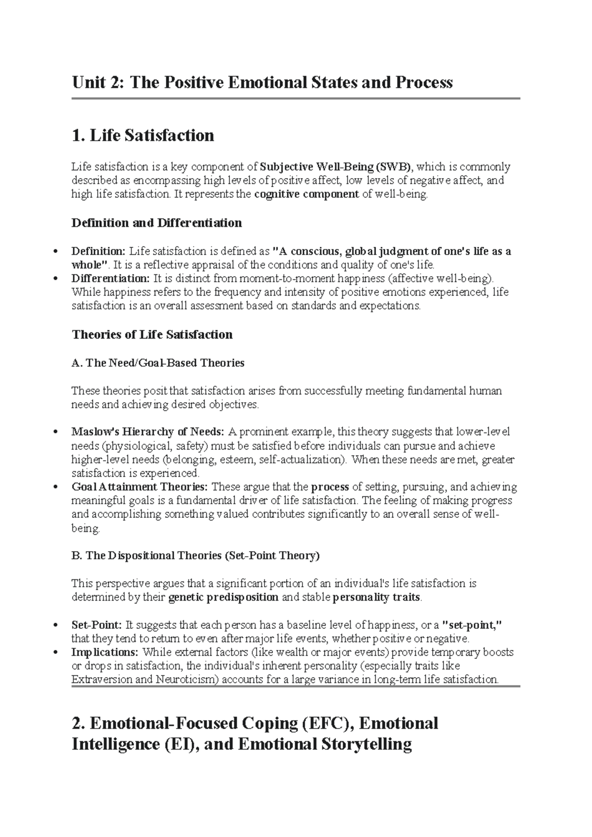 Unit 2: Positive Emotional States and Life Satisfaction Notes - Studocu