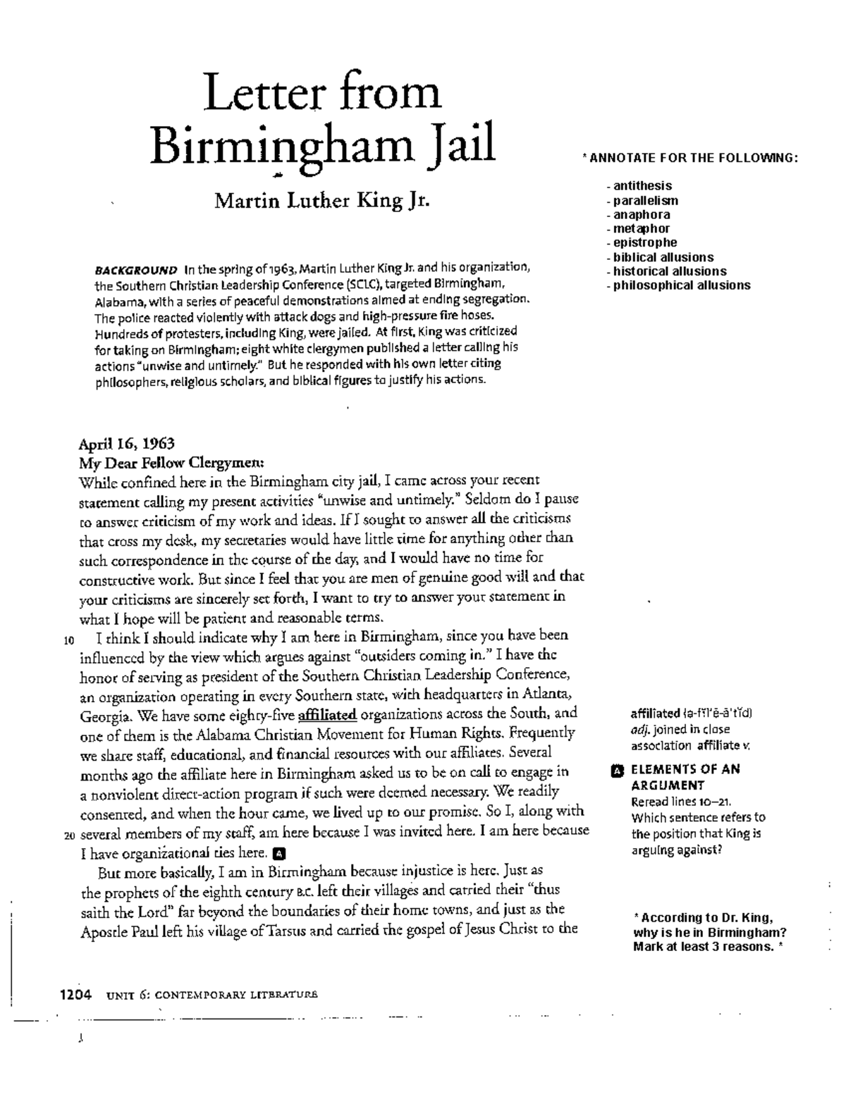 Letter from Birmingham Jail - annotation version - Studocu