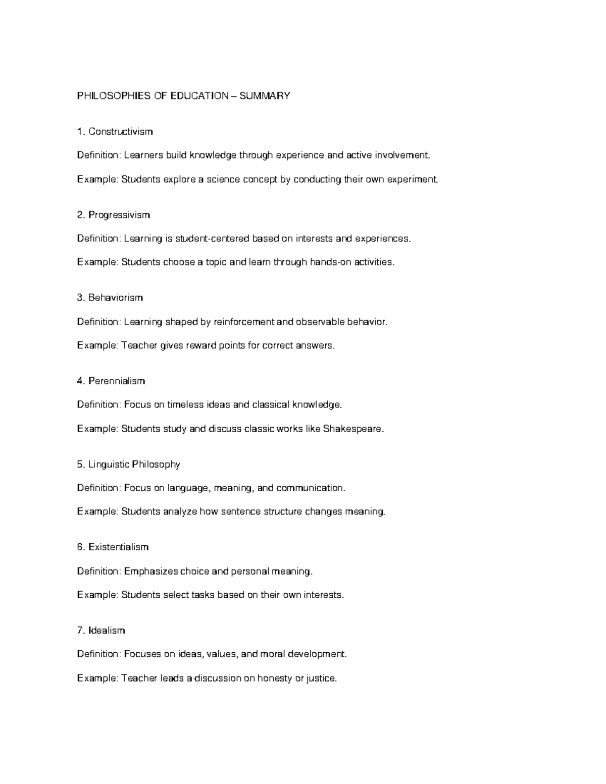 Philosophies of Education - PHILOSOPHIES OF EDUCATION – SUMMARY ...