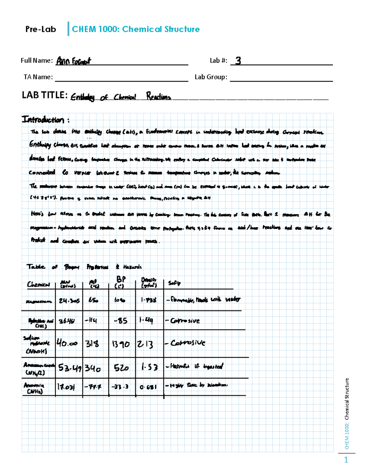 CHEM1000 Lab Report: Enthalpy of Chemical Reactions Pre-Lab - Studocu