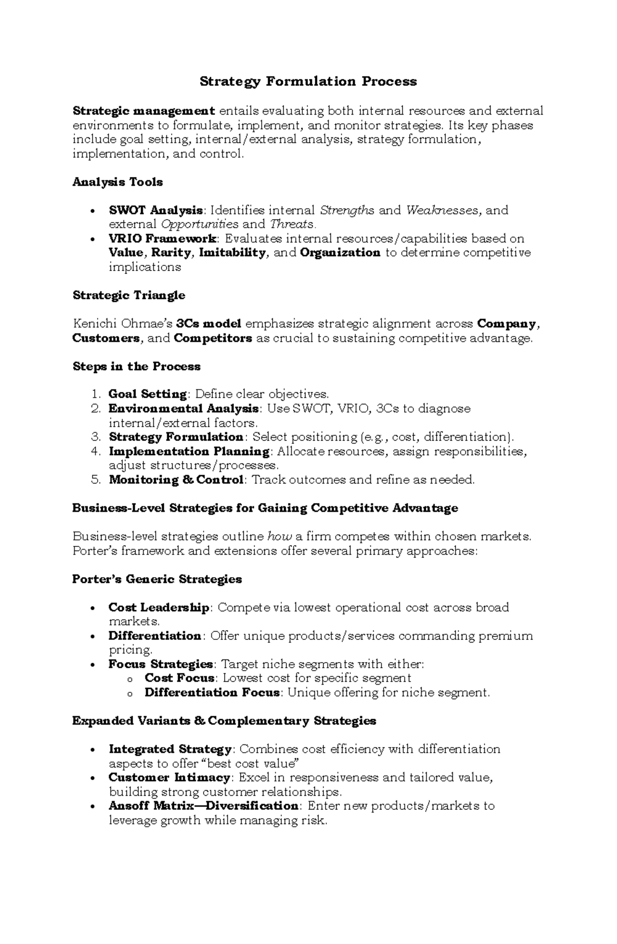 Chapter 4 Summary: Strategy Formulation Process in Strategic Management - Studocu