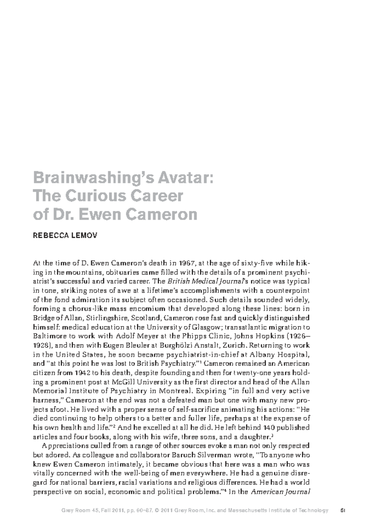 Brainwashing's Avatar: The Complex Legacy of Dr. Ewen Cameron - Studocu