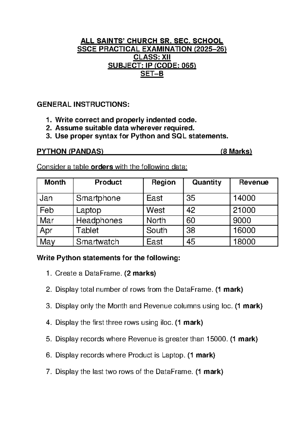 SSCE Practical Exam Class XII: IP (Code: 065) - Python (Pandas) Tasks ...