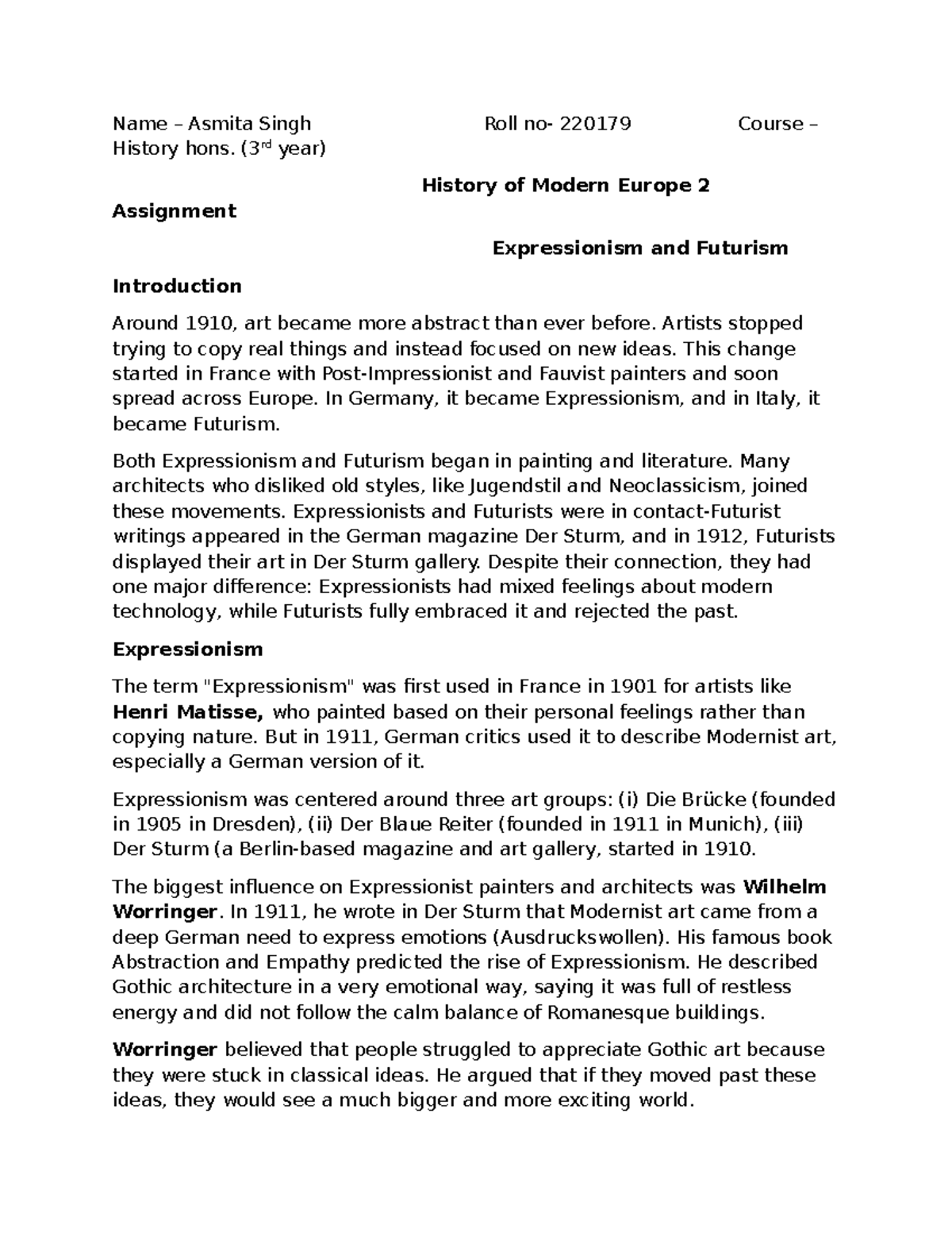 History of Modern Europe 2 - Assignment on Expressionism & Futurism ...