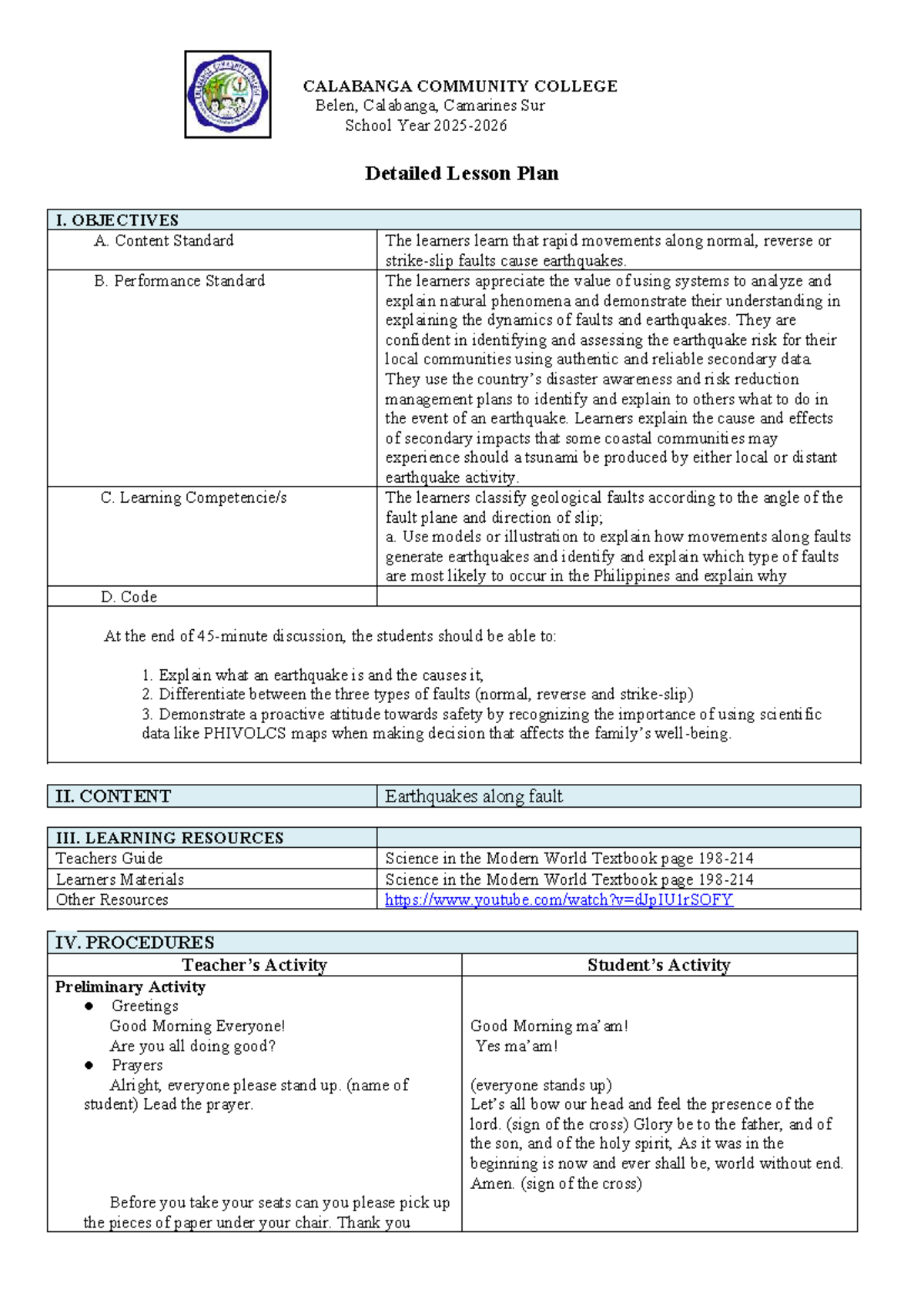 DLP: Earthquakes and Faults - Lesson Plan for SCI 101 - Studocu