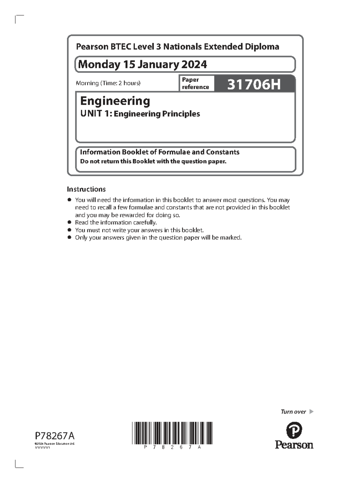 BTEC Level 3 Engineering Principles Unit 1 Exam Paper - Jan 2024 - Studocu
