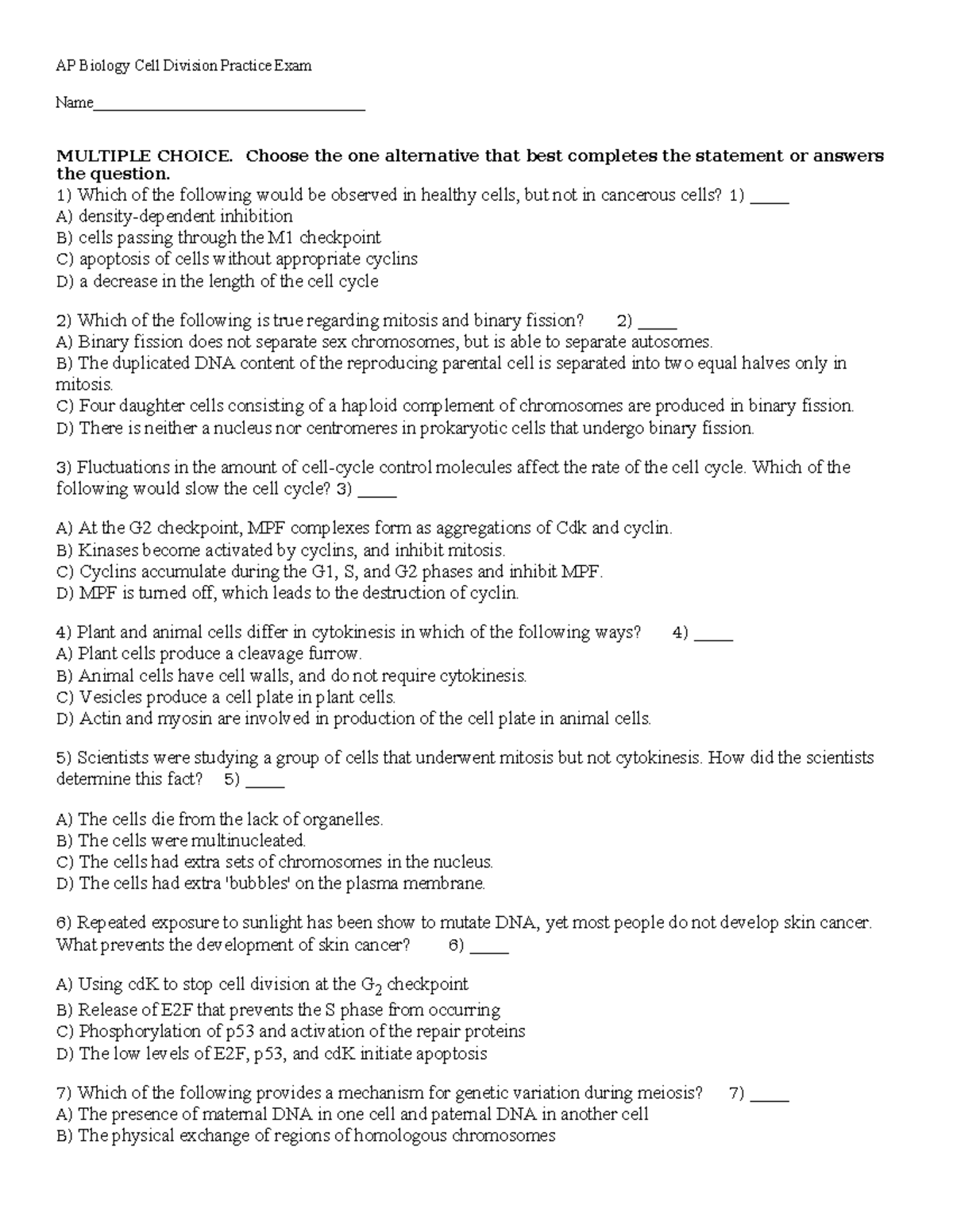 AP Bio Cell Division Multiple Choice Practice Exam - Studocu