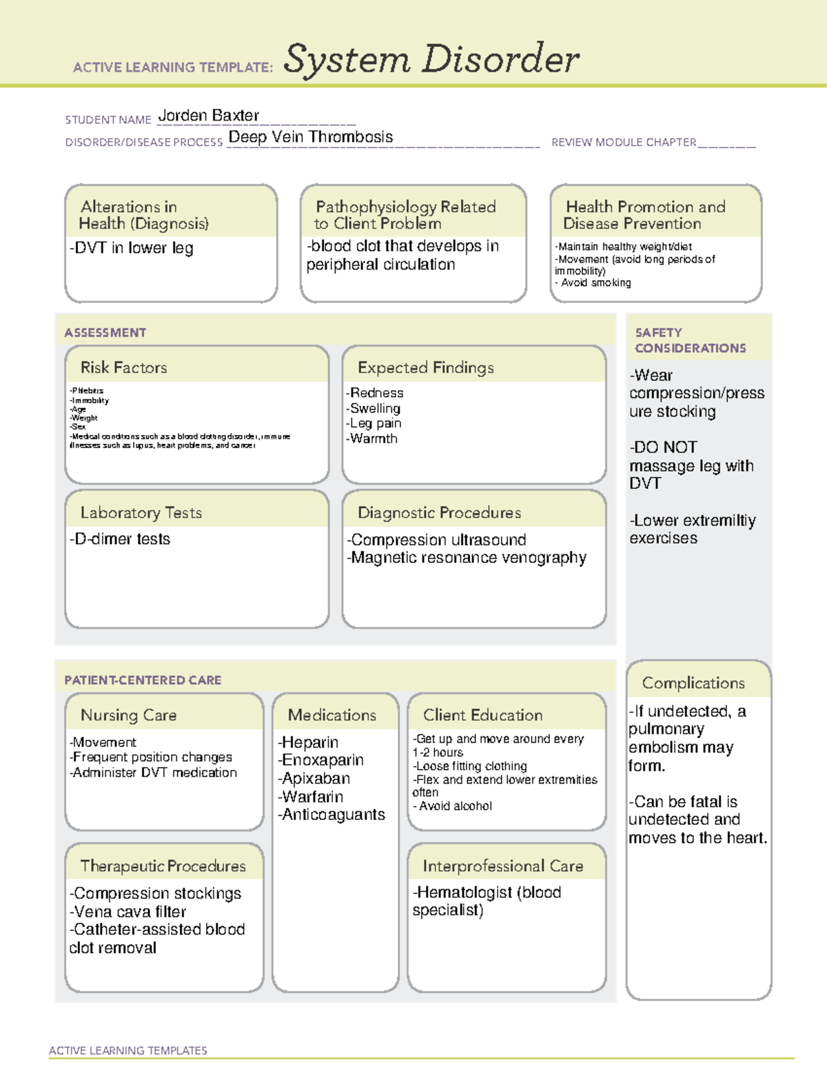 ACTIVE LEARNING TEMPLATE: DVT System Disorder Review Module - Studocu
