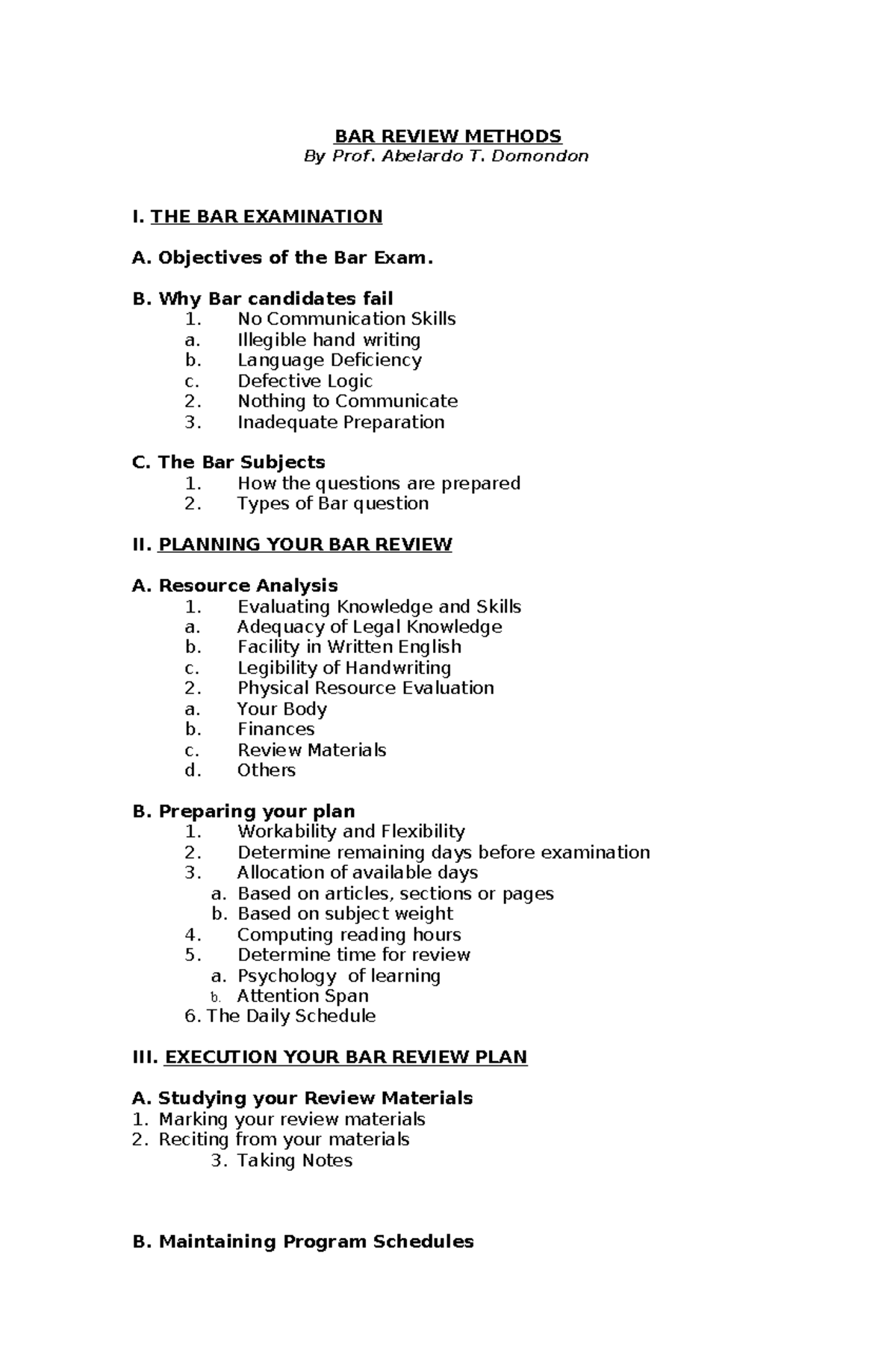 BAR REVIEW METHODS: Strategies for Success in the Bar Exam - Studocu