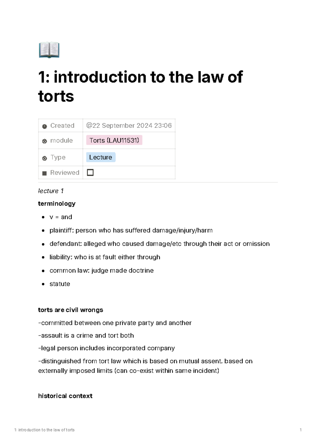 Introduction to the Law of Torts (LAU11531) - Lecture Notes - Studocu