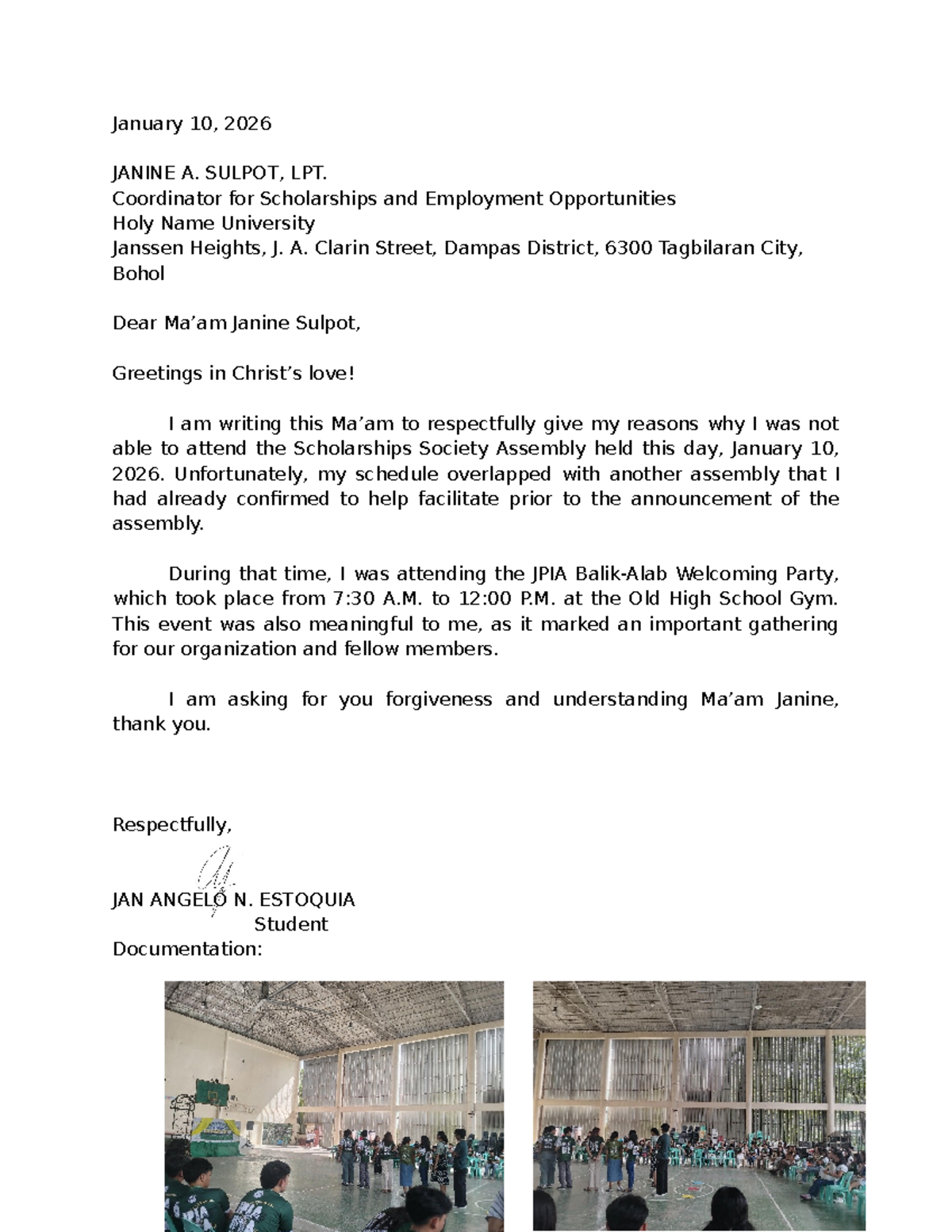 Letter of Apology for Missing Scholarships Society Assembly - Studocu