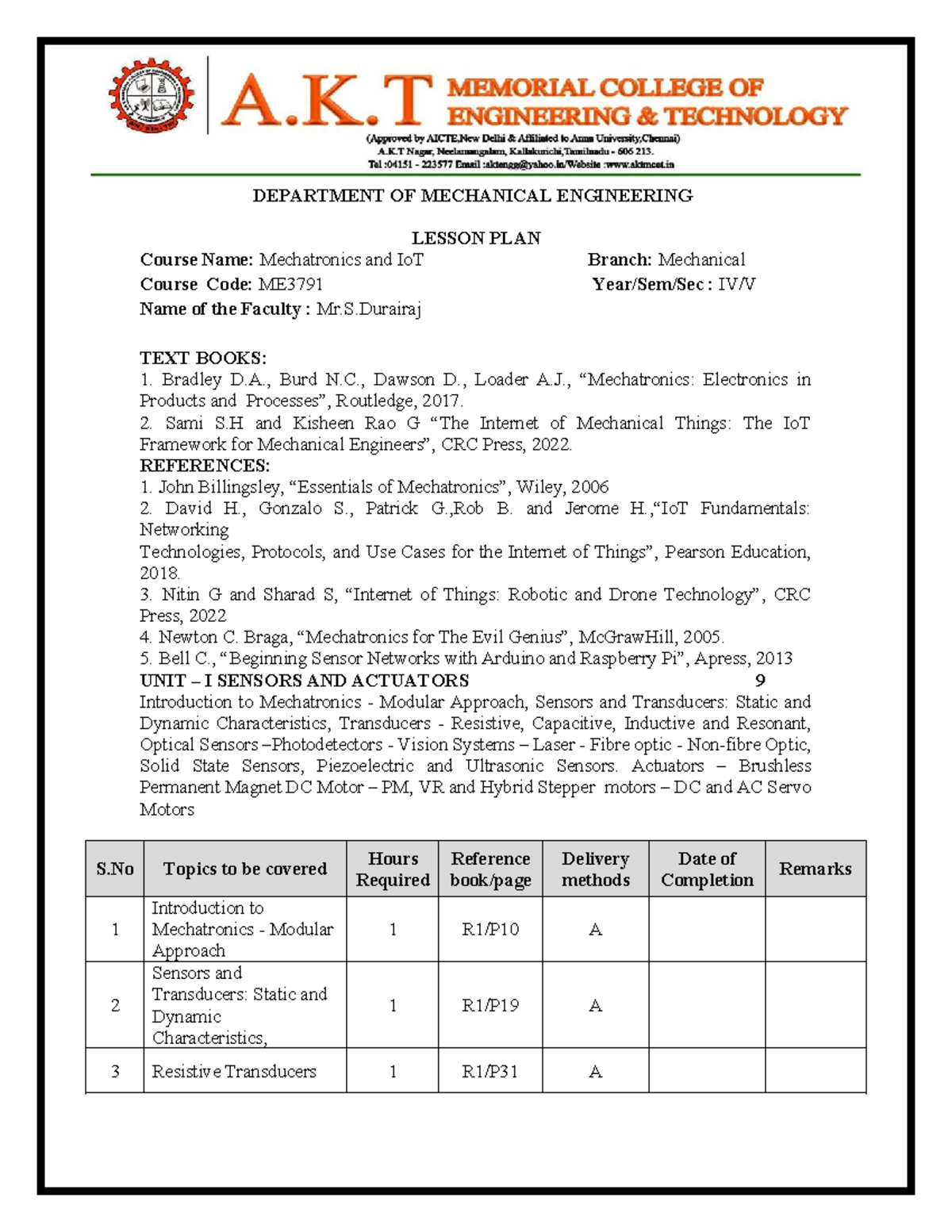ME3791 Mechatronics and IoT Lesson Plan by Mr. S. Durairaj - Studocu