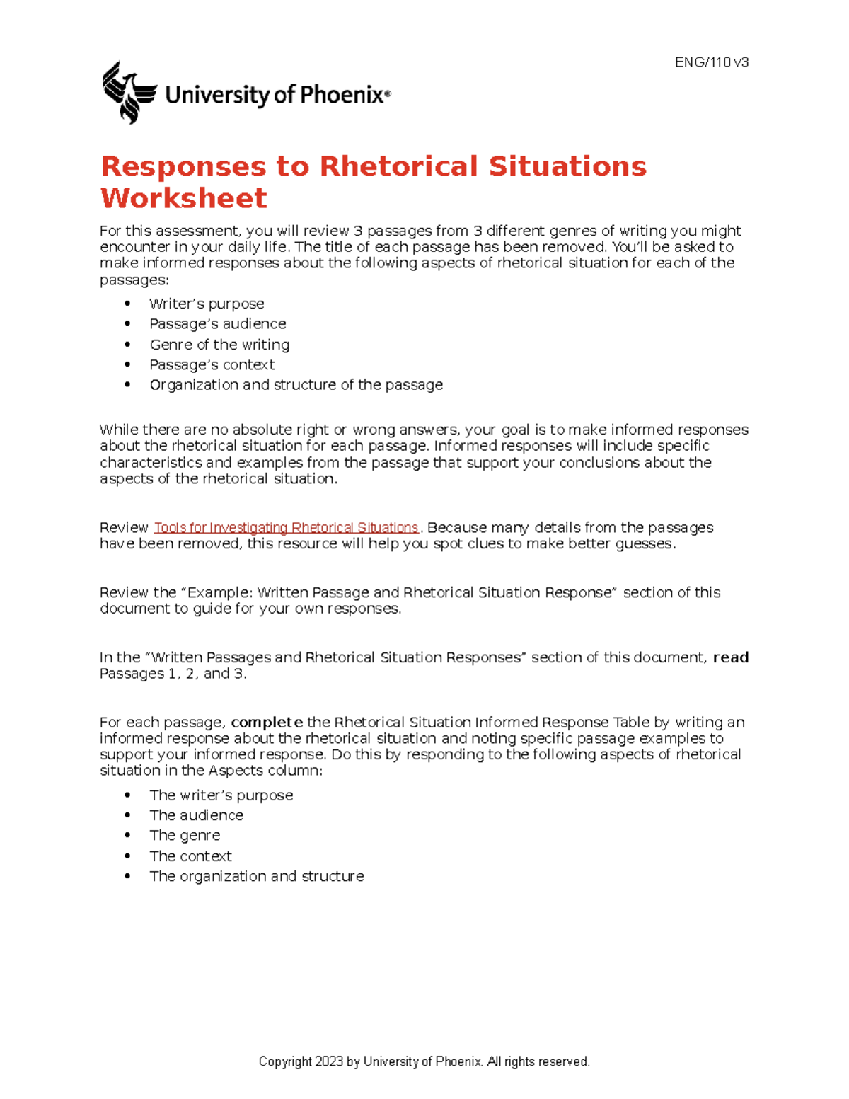 Eng110 v3 wk2 responses to rhetorical situations worksheet - ENG/110 v ...