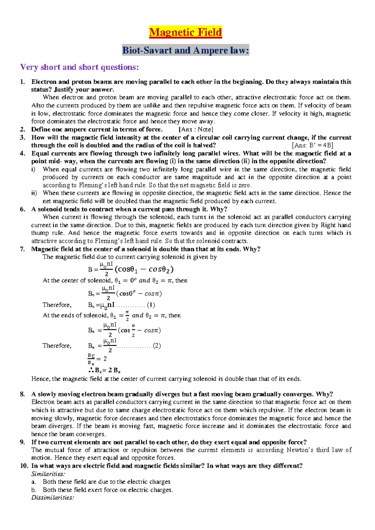 SQ. Magnetic Field [B - S -A law] - Magnetic Field Biot-Savart and ...