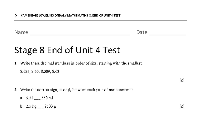 CAMBRIDGE LOWER SECONDARY MATHEMATICS 8: UNIT 4 TEST - Studocu