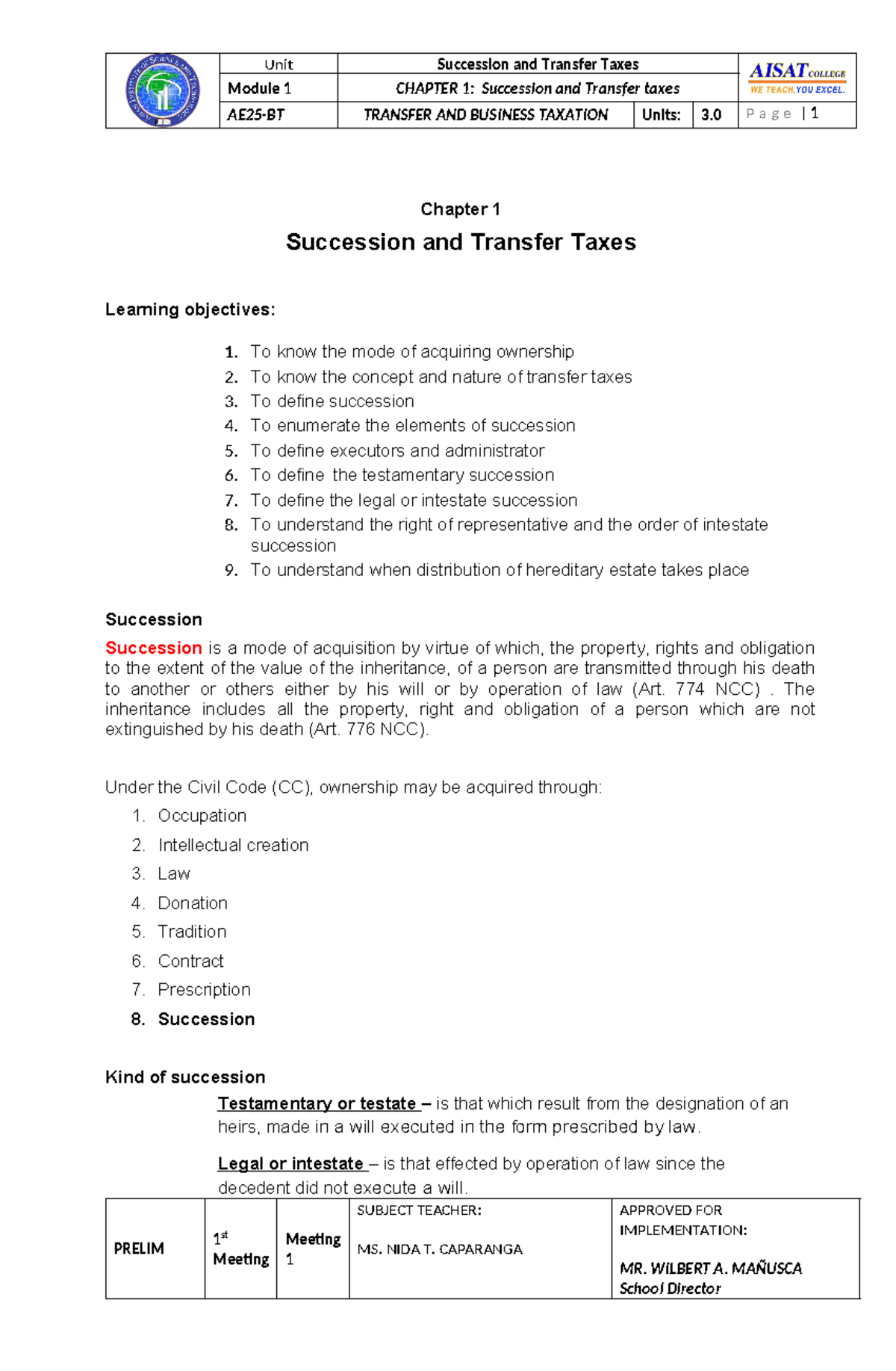 Module 1-Business Tax - Module 1 CHAPTER 1: Succession and Transfer taxes AE25-BT TRANSFER AND ...
