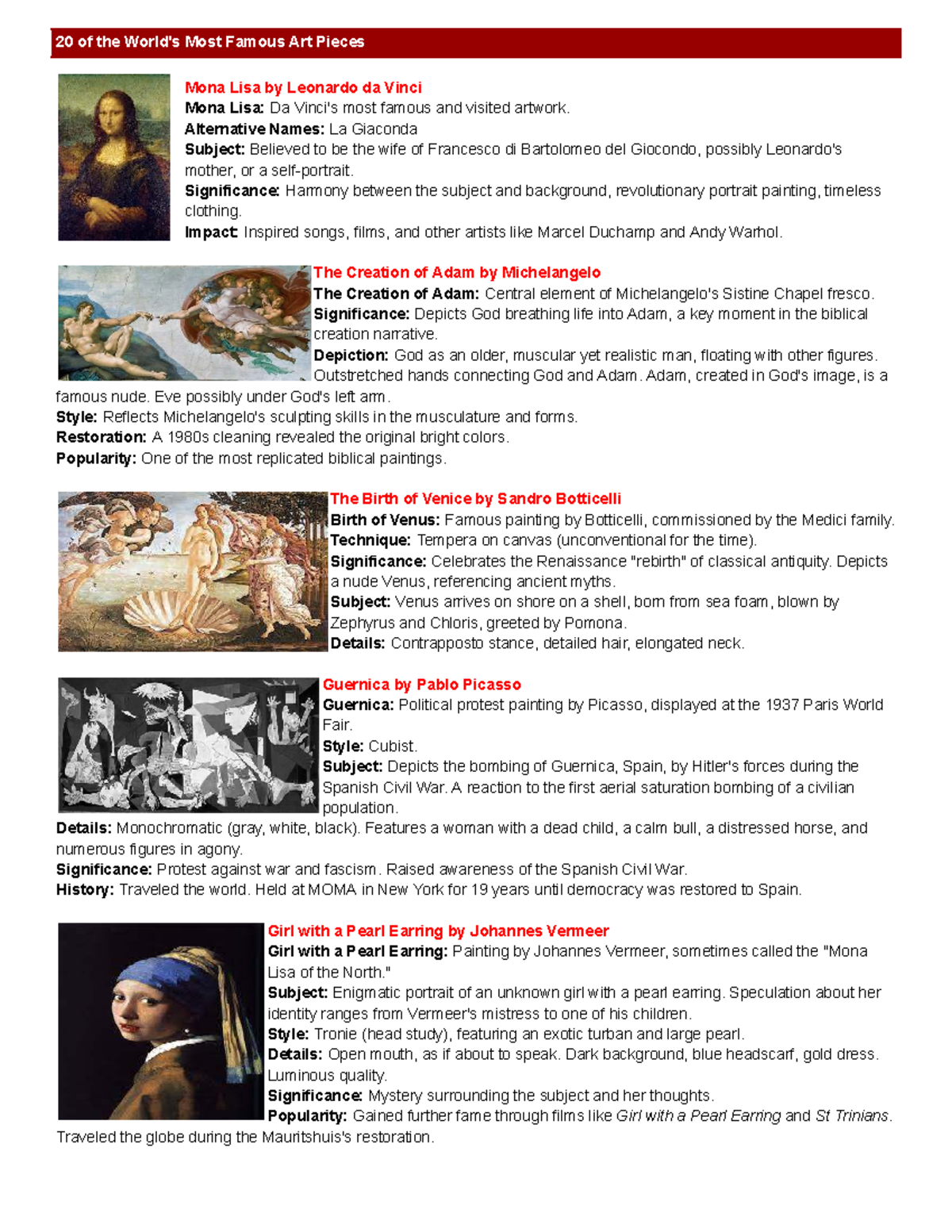 Art Appreciation - 20 of the World's Most Famous Art Pieces - 20 of the ...