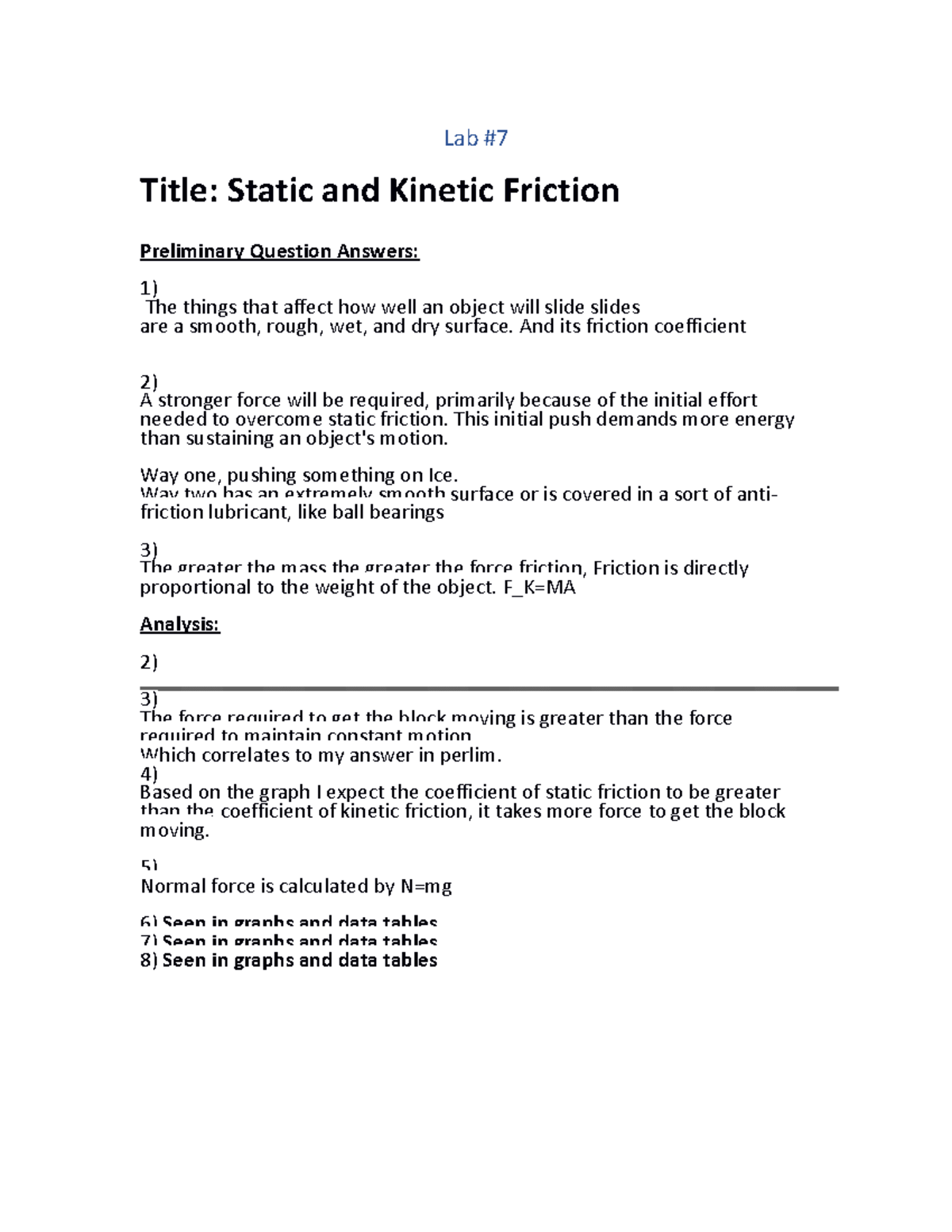 Lab Report 7: Investigating Static and Kinetic Friction - Studocu