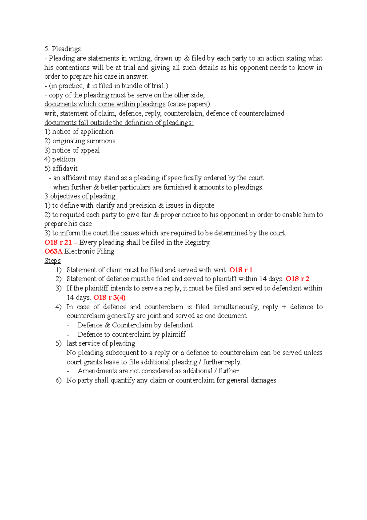 Pleadings Overview: Key Concepts and Requirements for O18 Law - Studocu