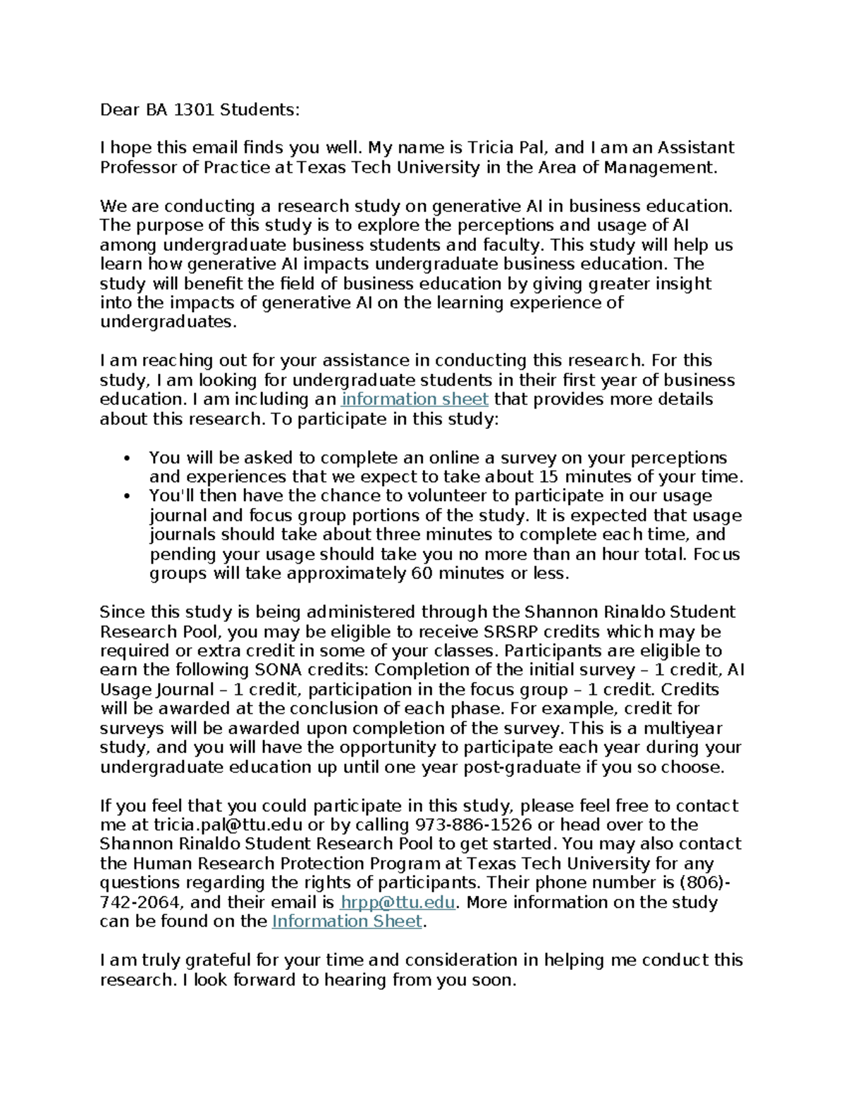 Recruitment Email - Students - Dear BA 1301 Students: I hope this email ...