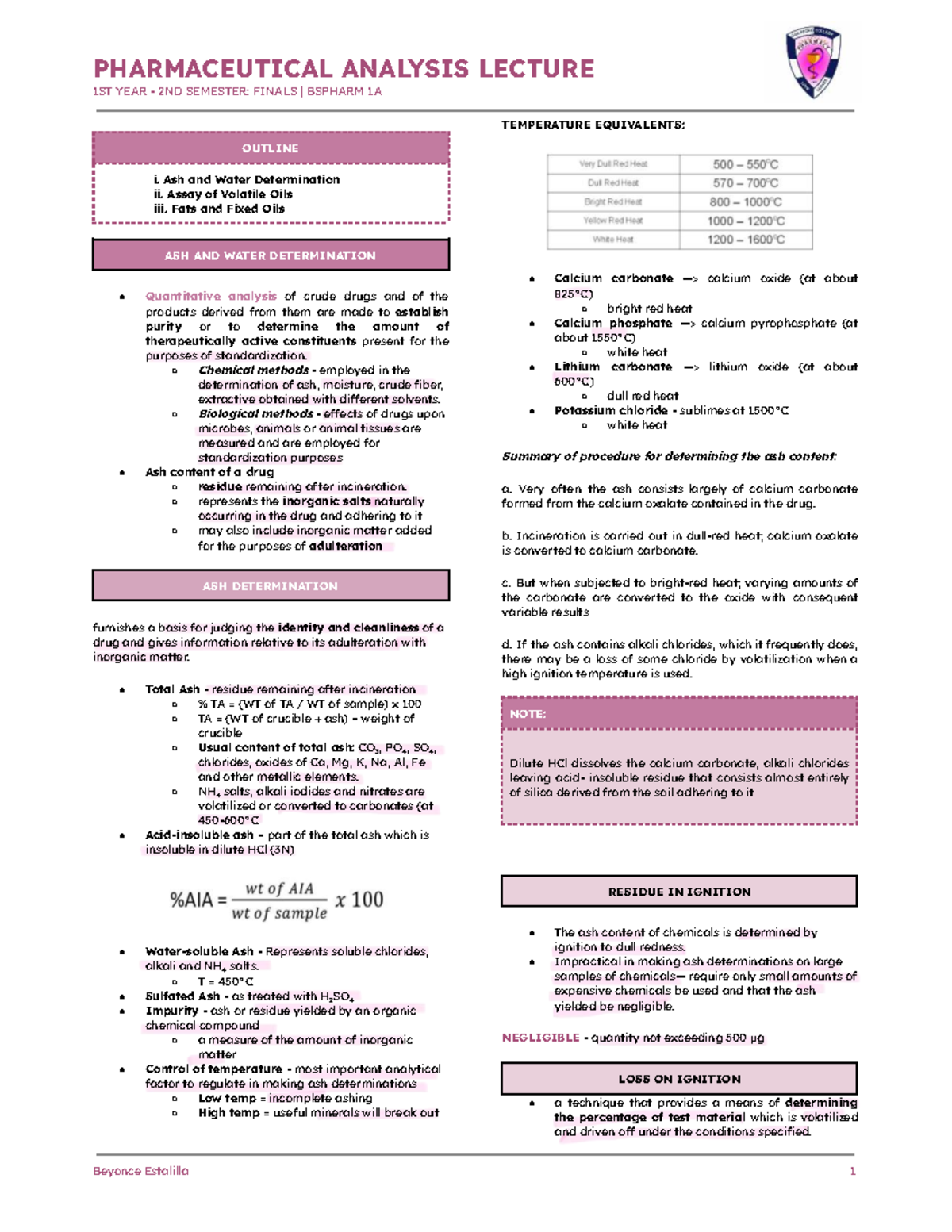 PHARMACEUTICAL ANALYSIS LECTURE 1ST YEAR 2ND SEMESTER: FINALS BSPHARM ...