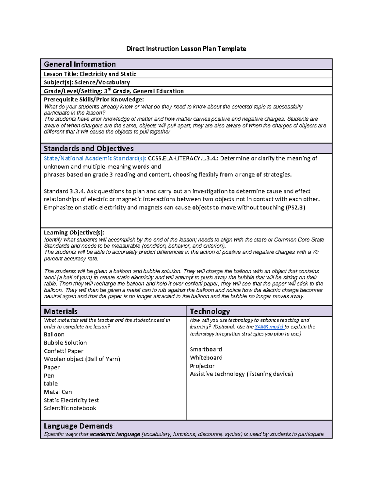 C372 Lesson Plan Task 1: Exploring Electricity and Static for 3rd Grade ...