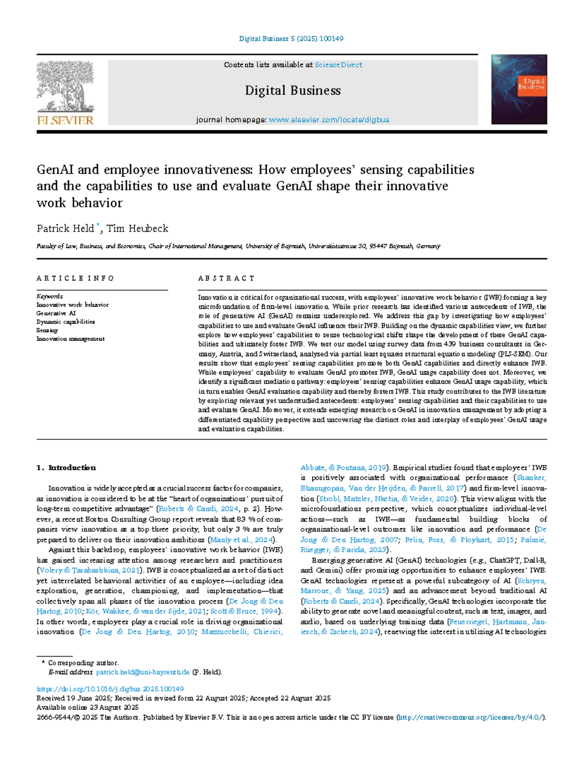 GenAI and Employee Innovativeness: Sensing Capabilities Impact on IWB ...