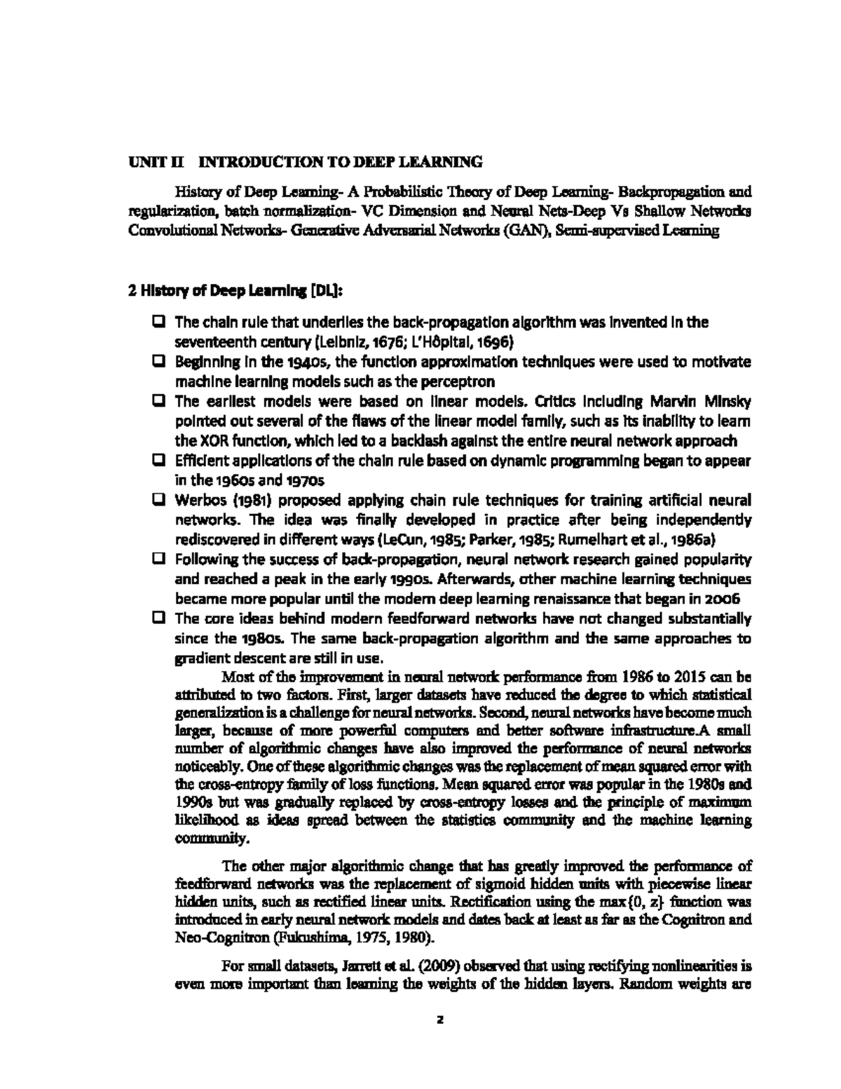 Deep Learning Unit II: History, Theory, and Techniques - Studocu